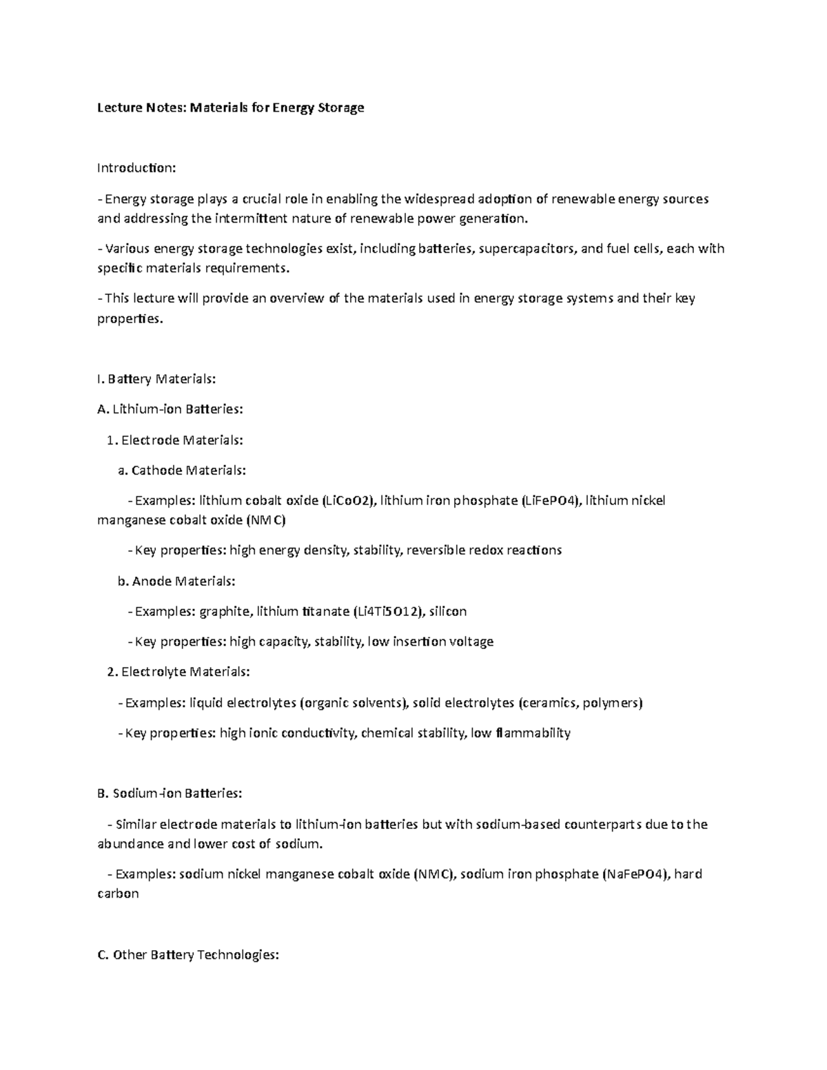 Lecture Notes: Materials for Energy Storage - Lecture Notes: Materials ...