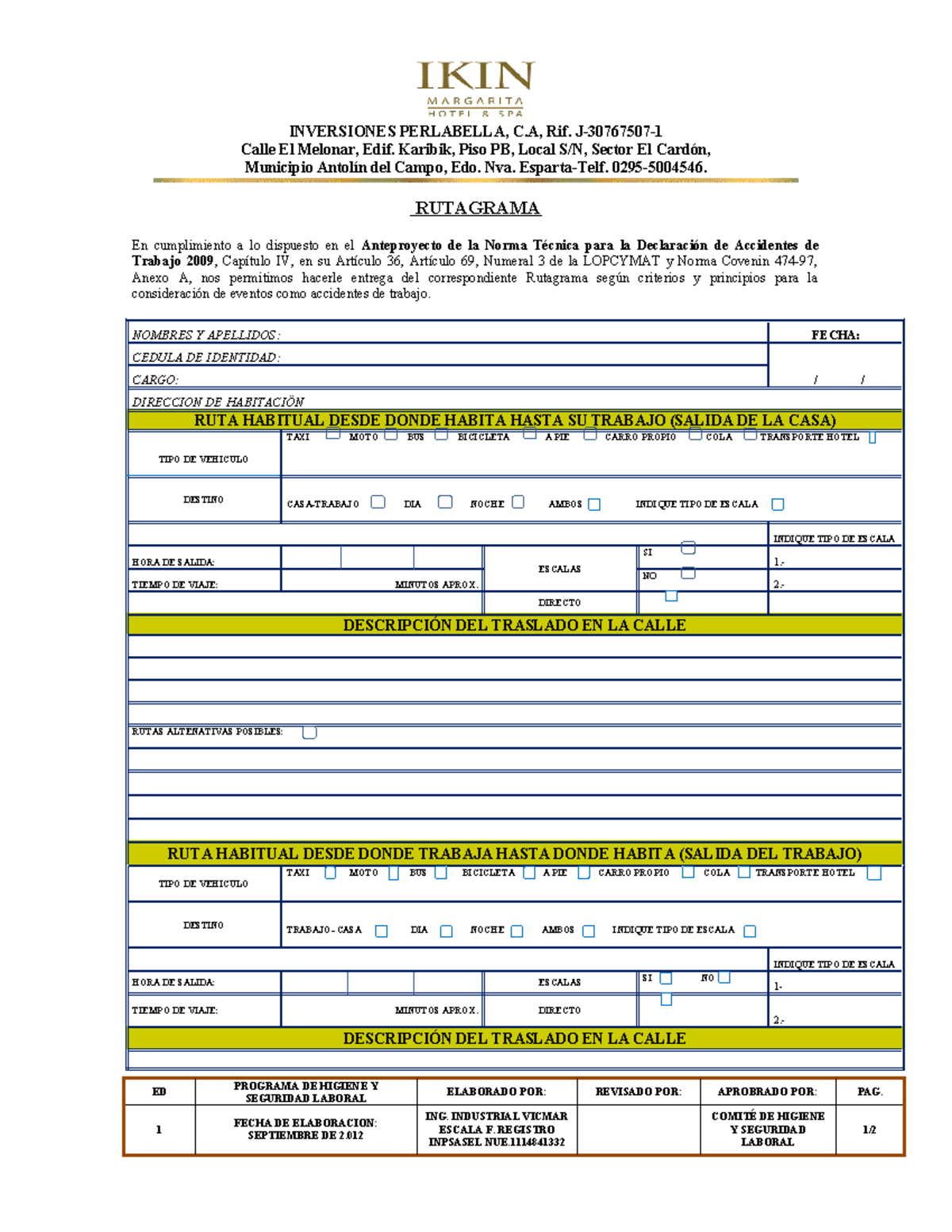 Formato Rutagrama Excel - INVERSIONES PERLABELLA, C, Rif. J-30767507 ...