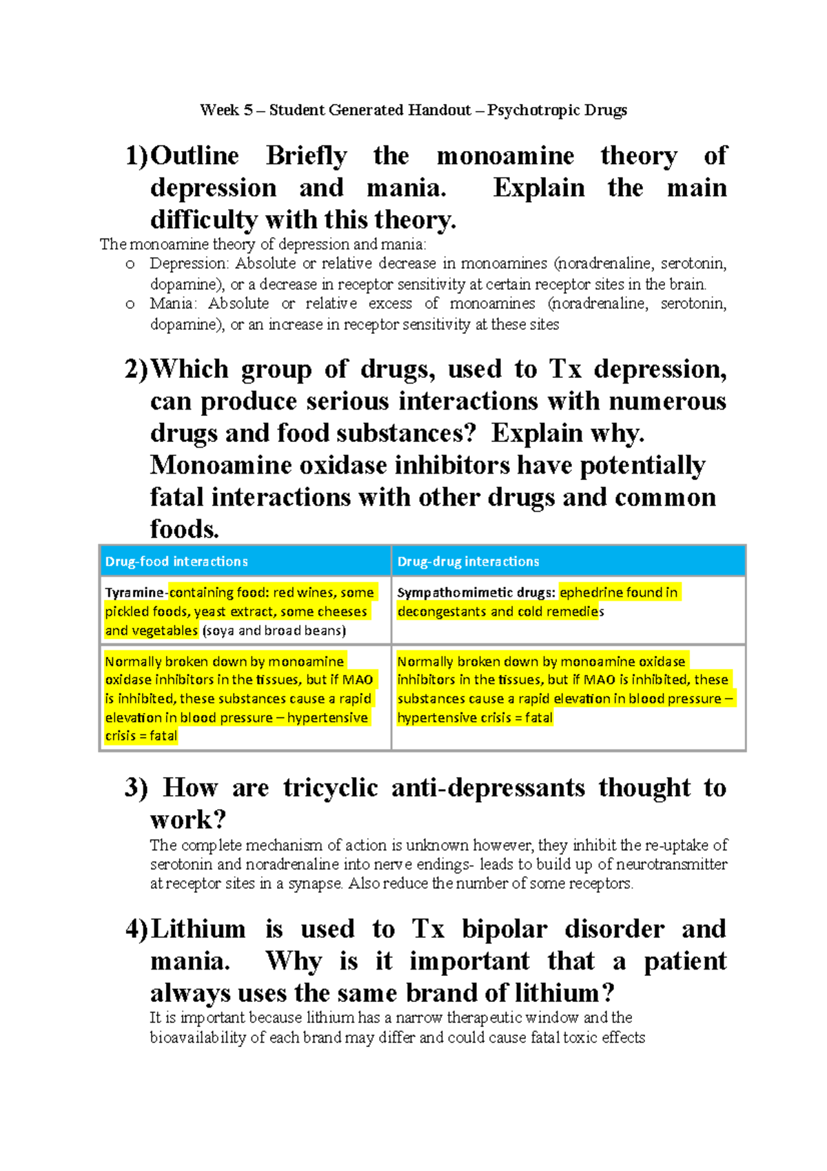 Week 5 - Student Generated Handout - Psychotropic Drugs - Week 5 ...