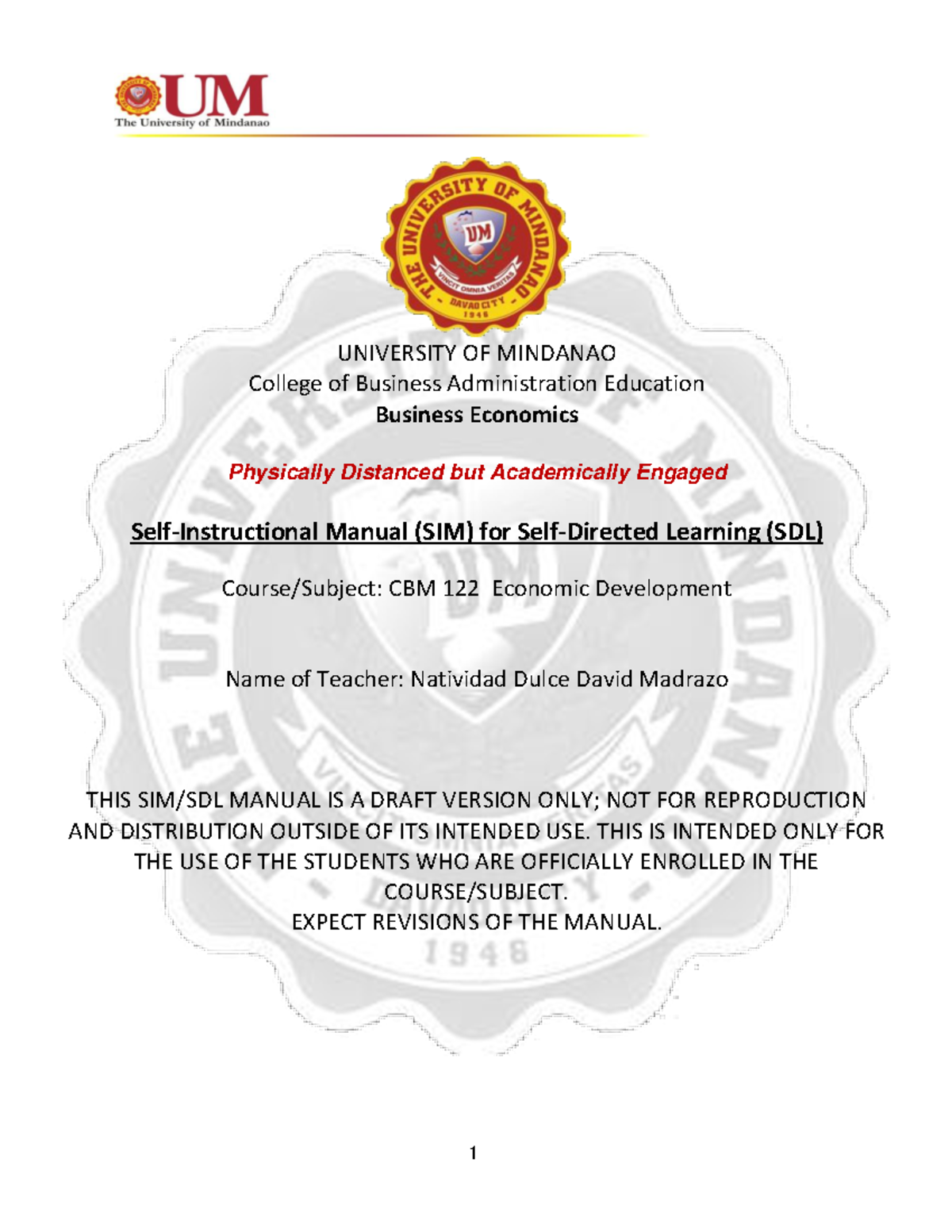 Module 2 CBM 122 econdev Wk. 4-5 - 1 UNIVERSITY OF MINDANAO College of Business Administration ...