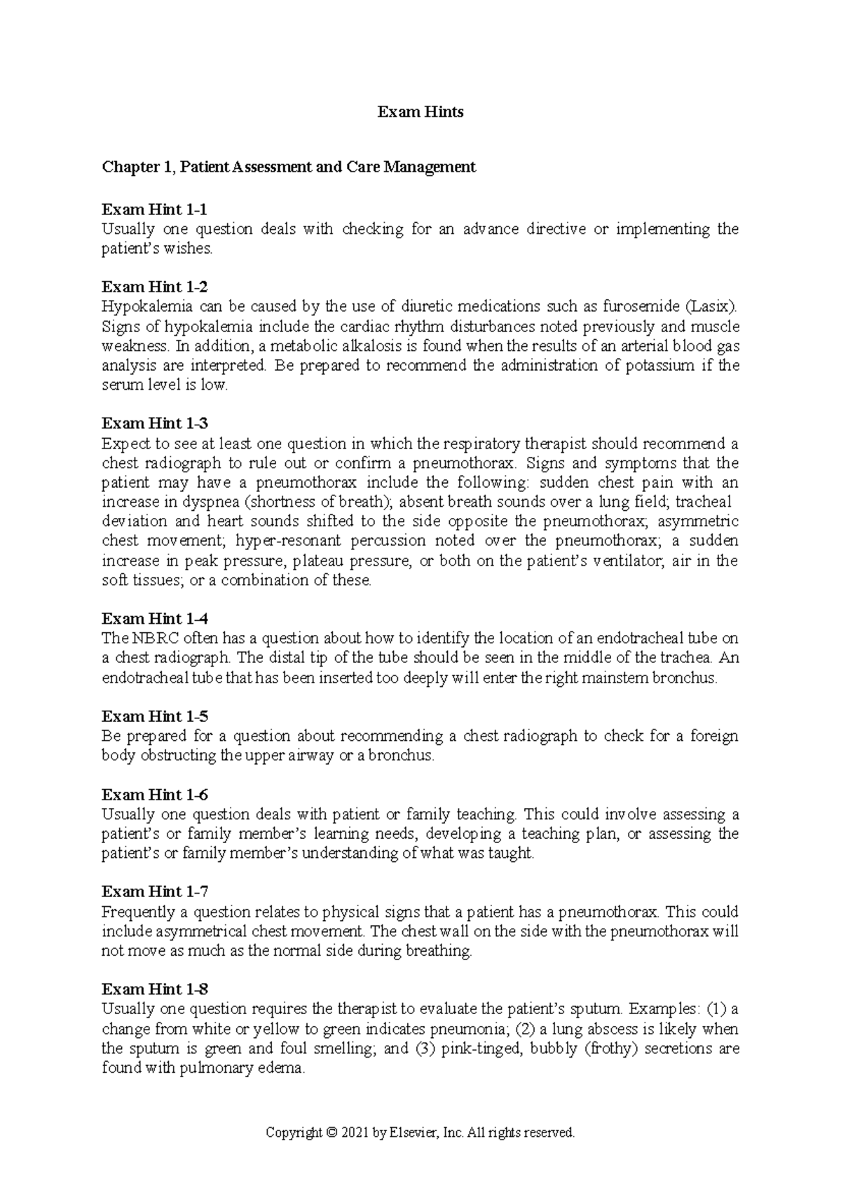 Examhints - test hints - Exam Hints Chapter 1, Patient Assessment and ...