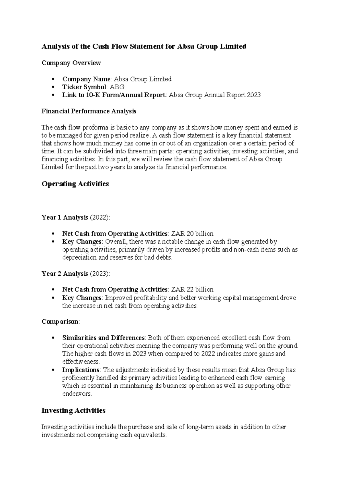 Assignment unit 6 - Analysis of the Cash Flow Statement for Absa Group ...