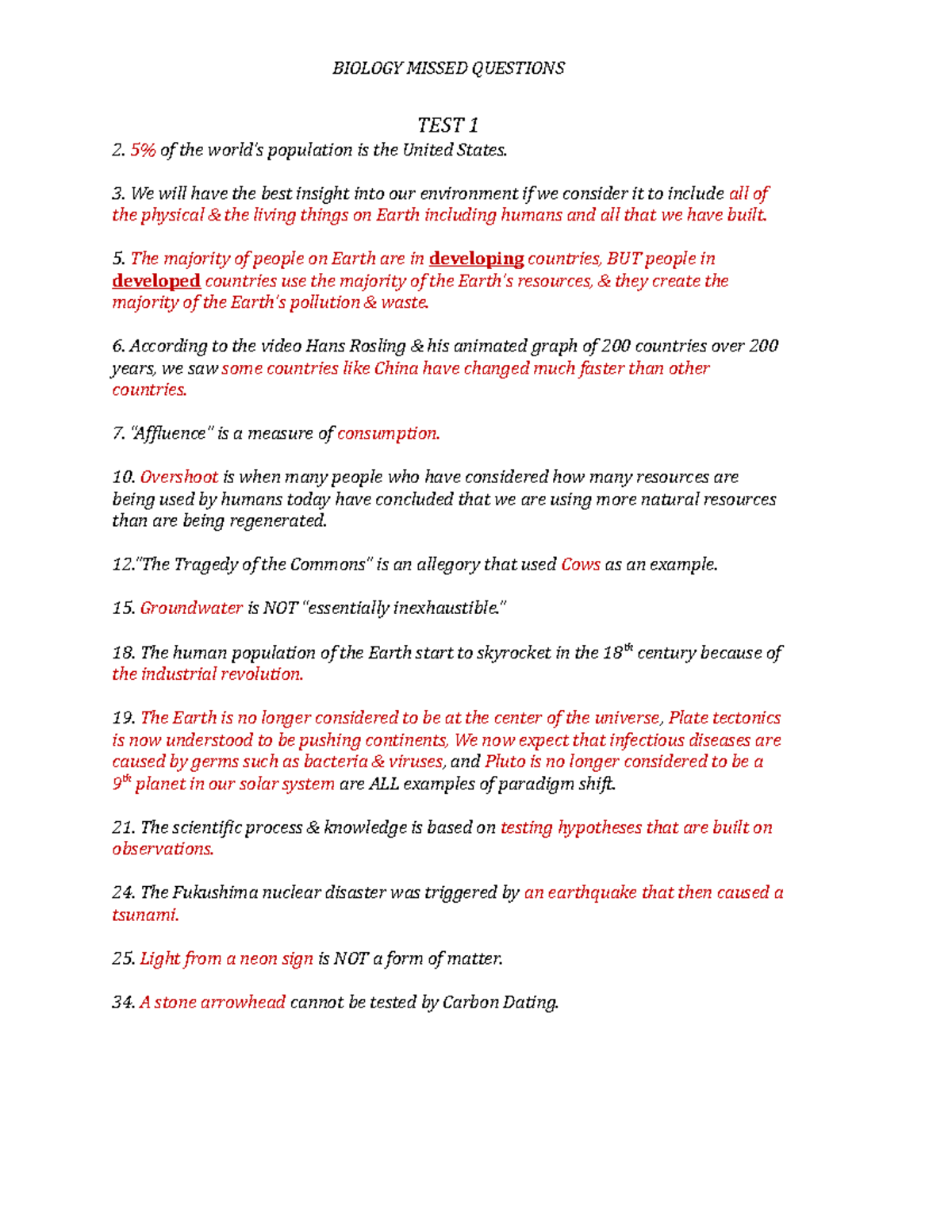 BIO TEST Missed Questions - BIOLOGY MISSED QUESTIONS TEST 1 5% of the ...