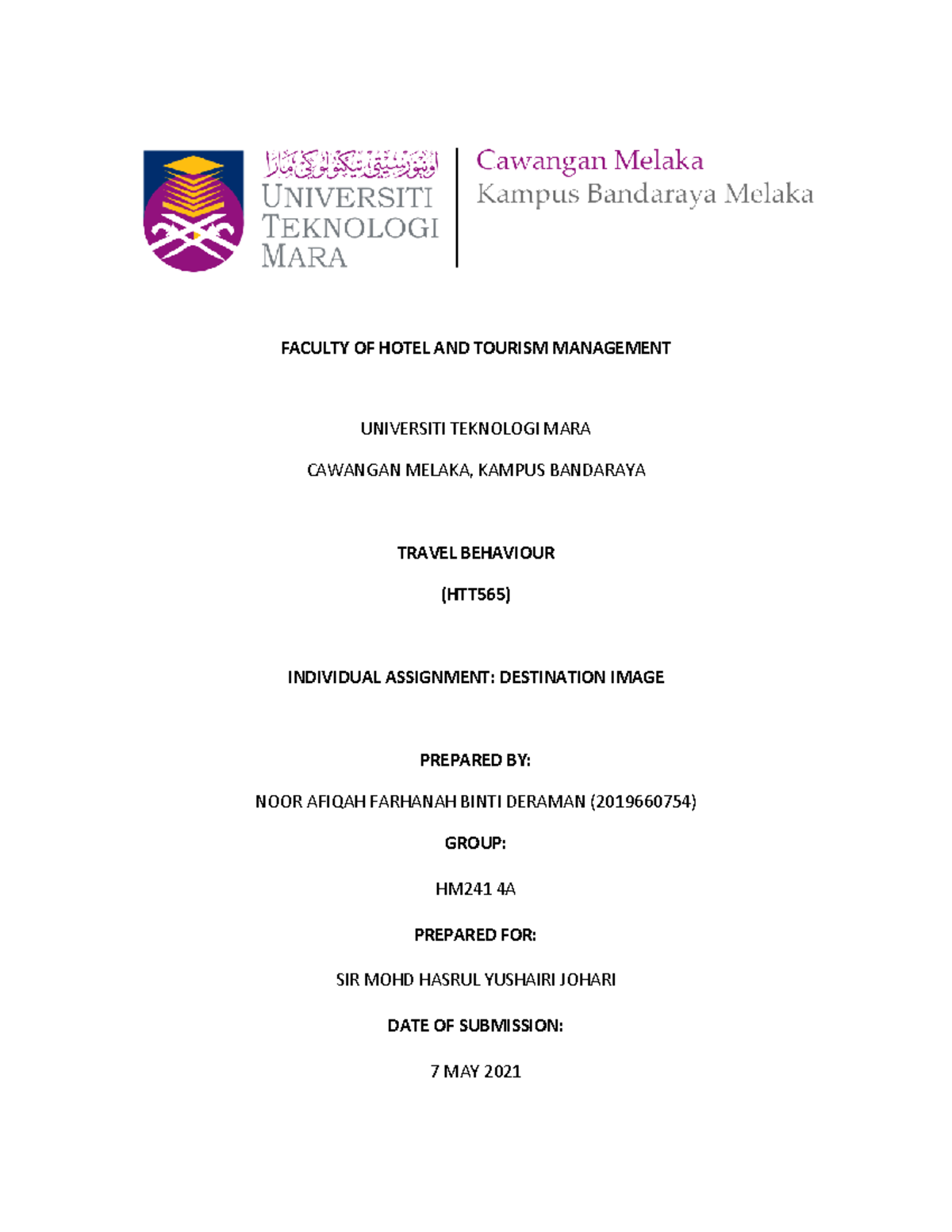 HTT565 Individual Assignment - FACULTY OF HOTEL AND TOURISM MANAGEMENT ...