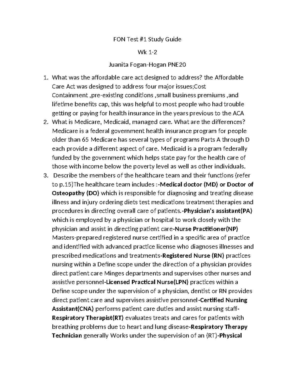 Study guide FON Test #1 - FON Test #1 Study Guide Wk 1- Juanita Fogan ...