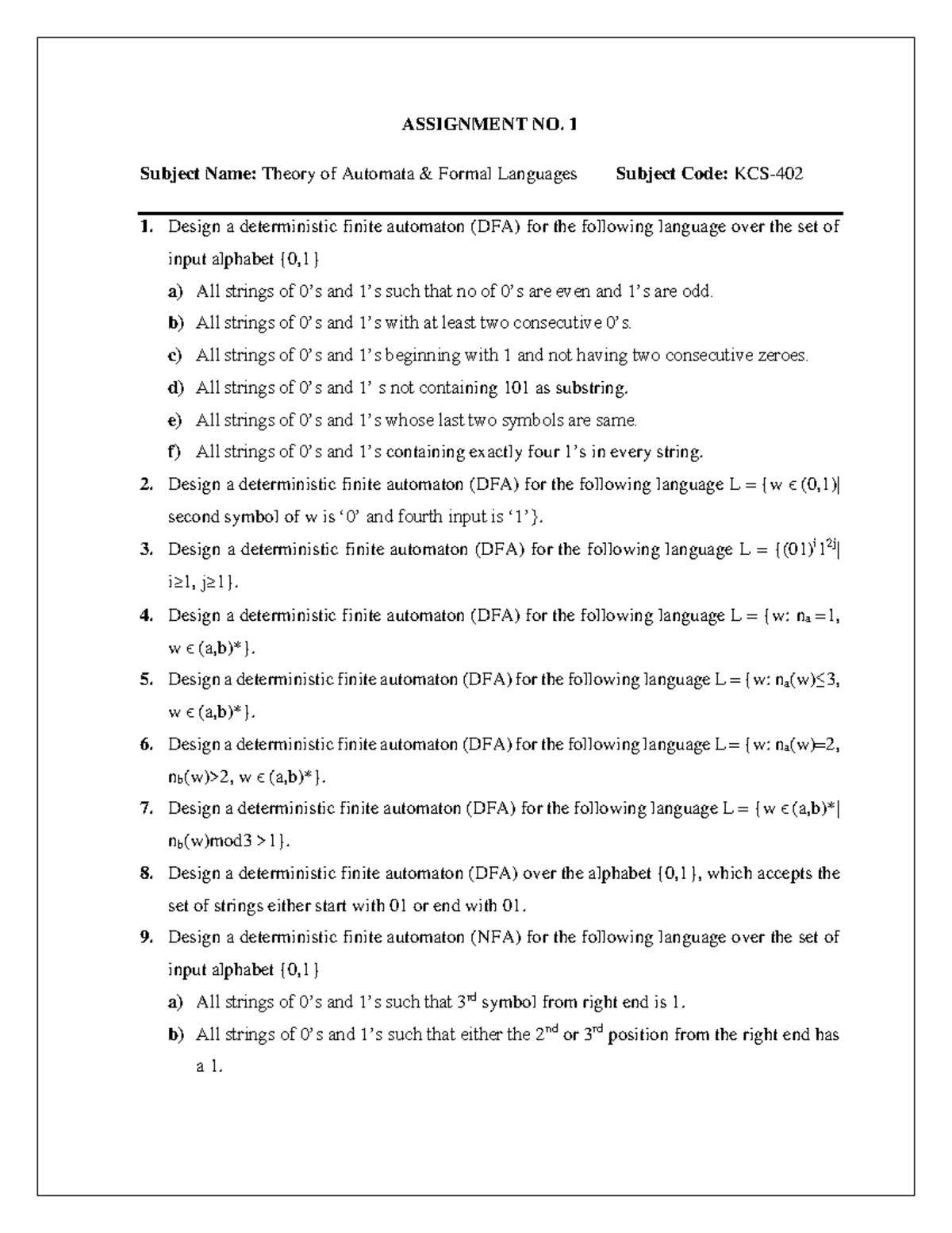 TOFL Assignment-1 - Assignment - ASSIGNMENT NO. 1 Subject Name: Theory of Automata & Formal ...