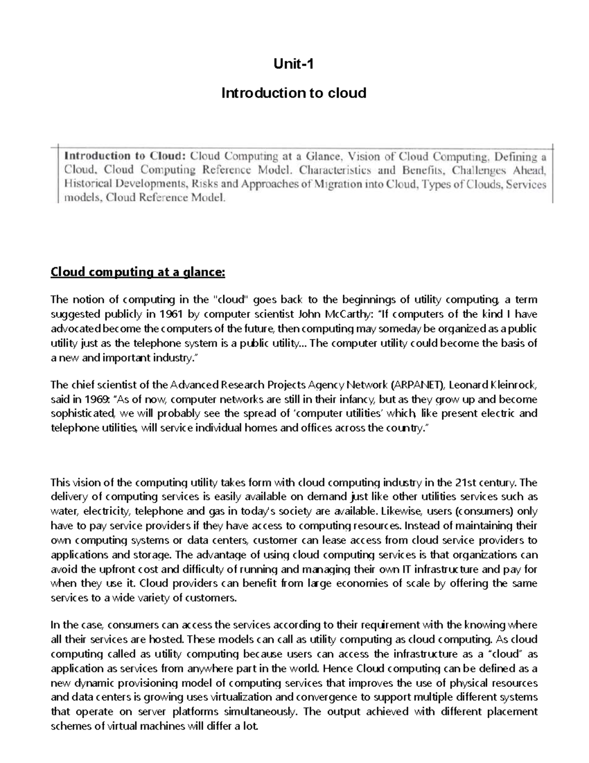 Cloud - Unit- Introduction to cloud Cloud computing at a glance: The ...