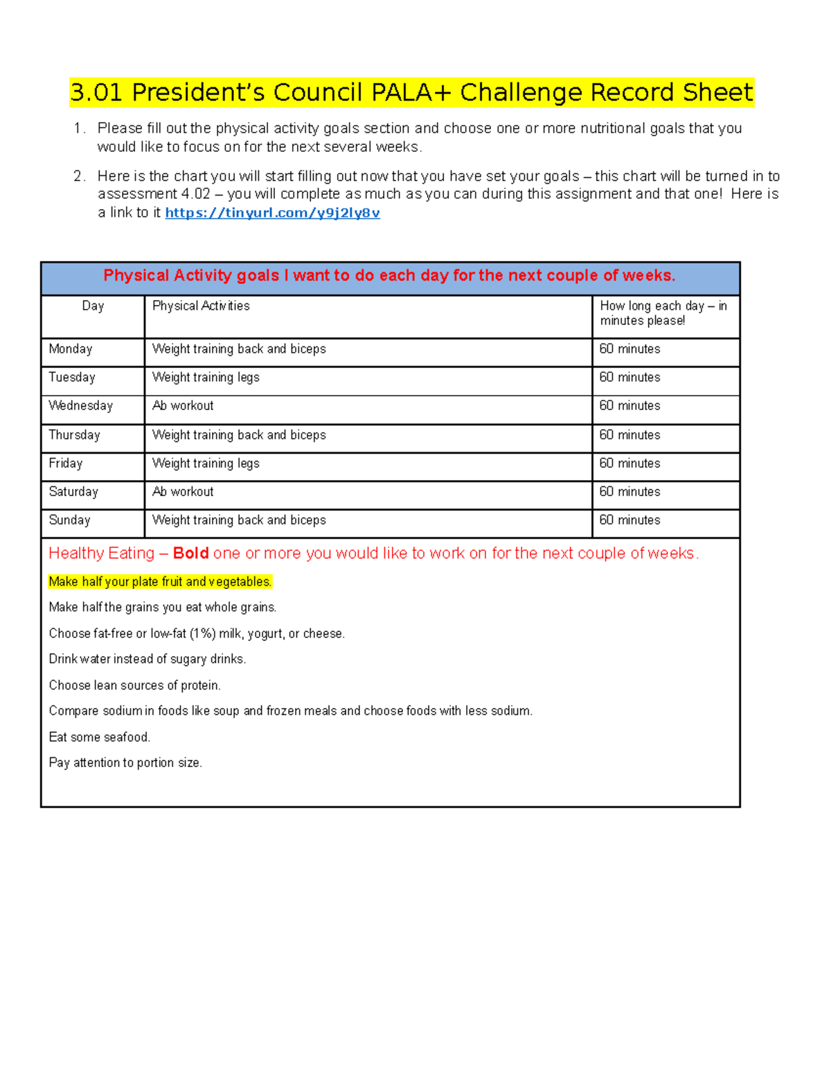 3.01 PE activity log - 3 President’s Council PALA+ Challenge Record ...