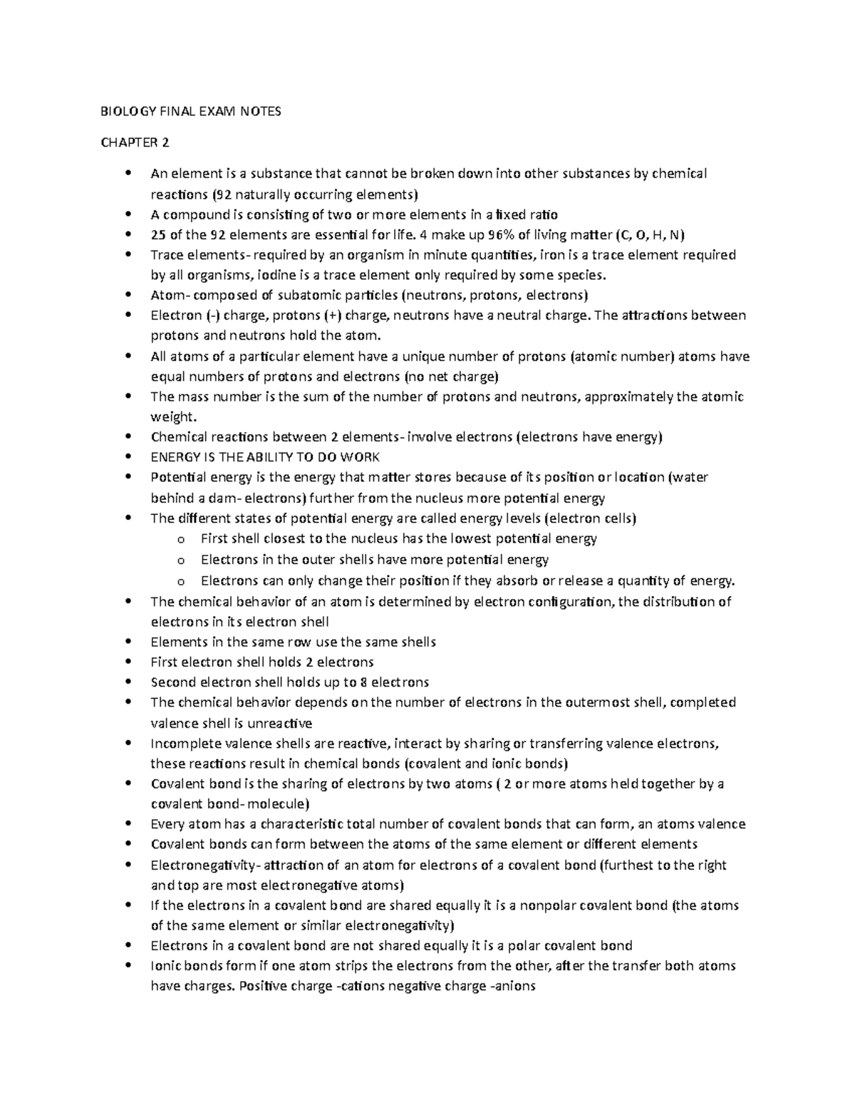 Biology Final EXAM Notes - BIOLOGY FINAL EXAM NOTES CHAPTER 2 An ...