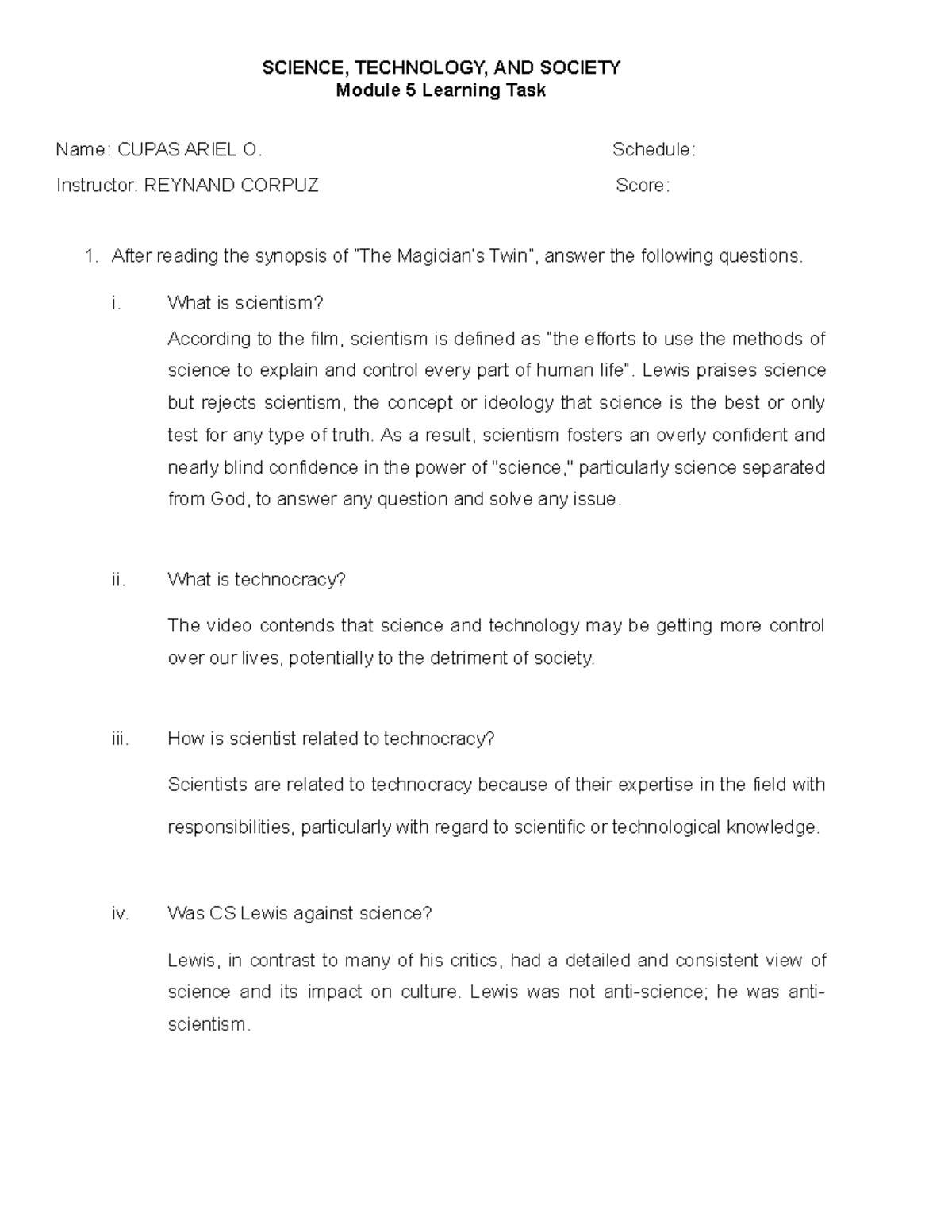 Cupas Ariel Module 5 Learning Task - SCIENCE, TECHNOLOGY, AND SOCIETY ...