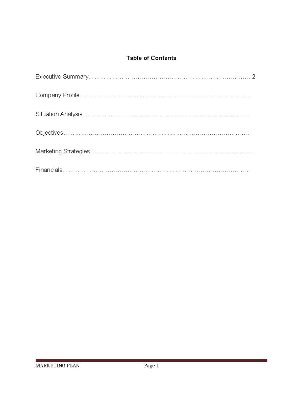 480384238 Example of Marketing Plan - Table of Contents Executive - Studocu