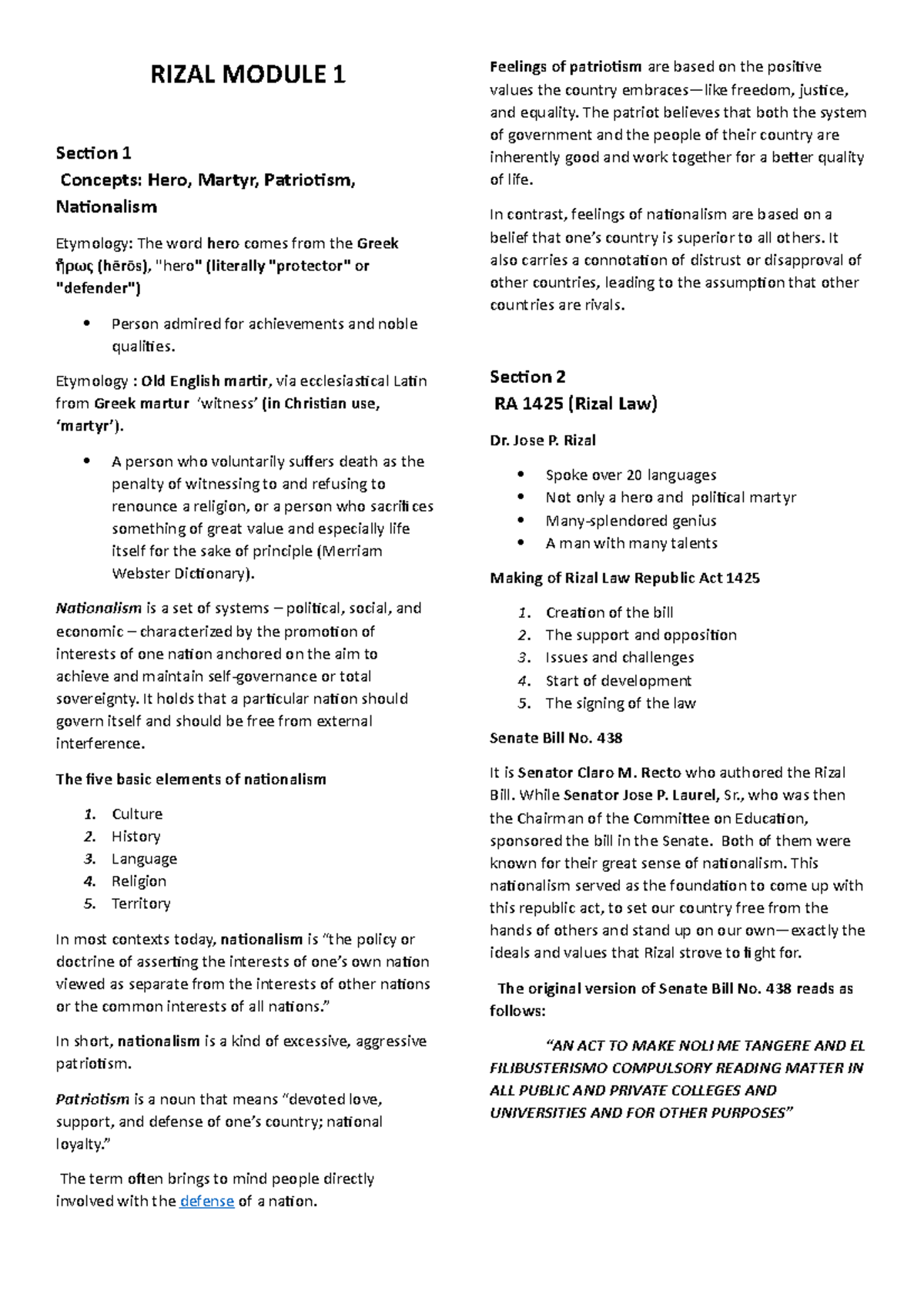Rizal Module 1 handout - RIZAL MODULE 1 Section 1 Concepts: Hero ...