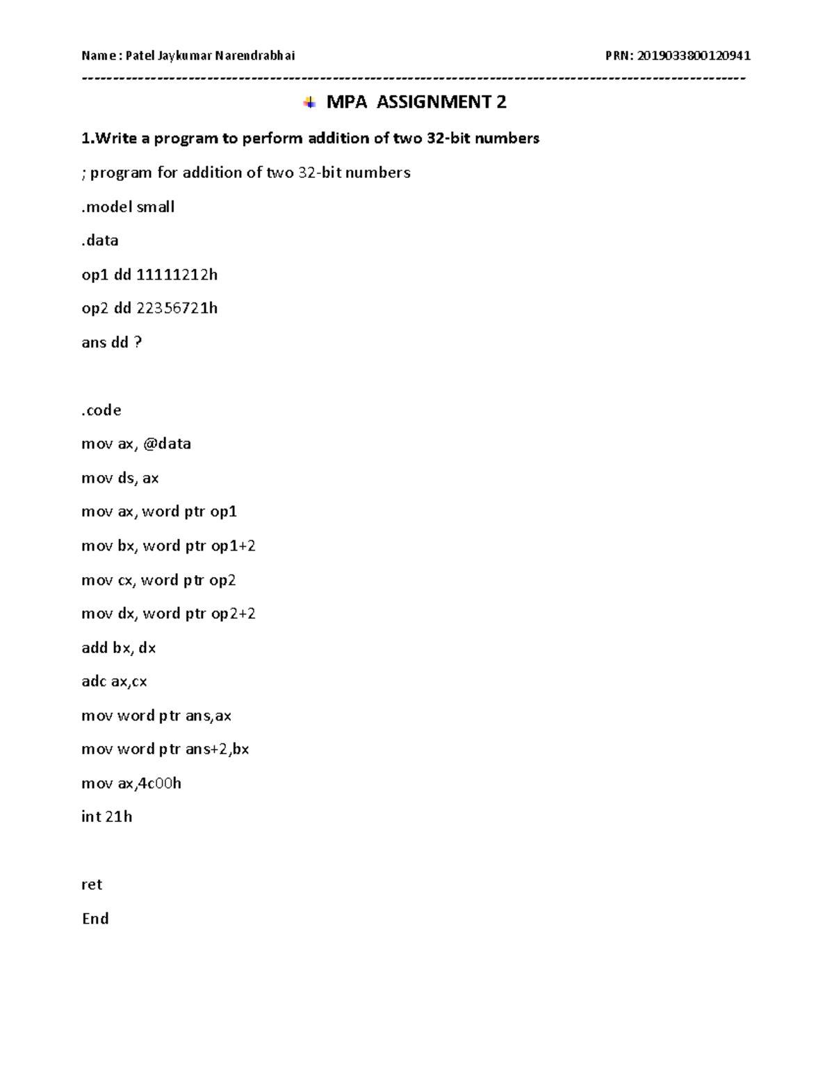 MPA2 - mpa - Name : Patel Jaykumar Narendrabhai PRN: 2019033800120941 ...