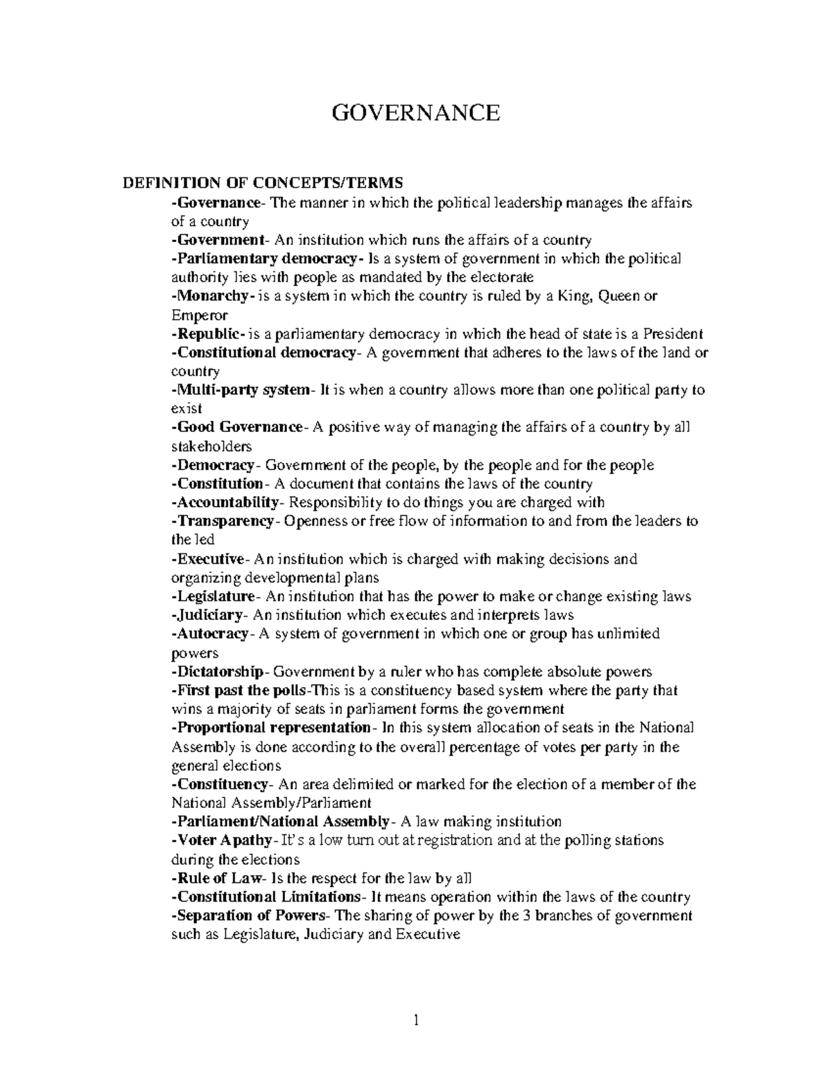 Governance - Summary Introduction to Social Studies - GOVERNANCE ...