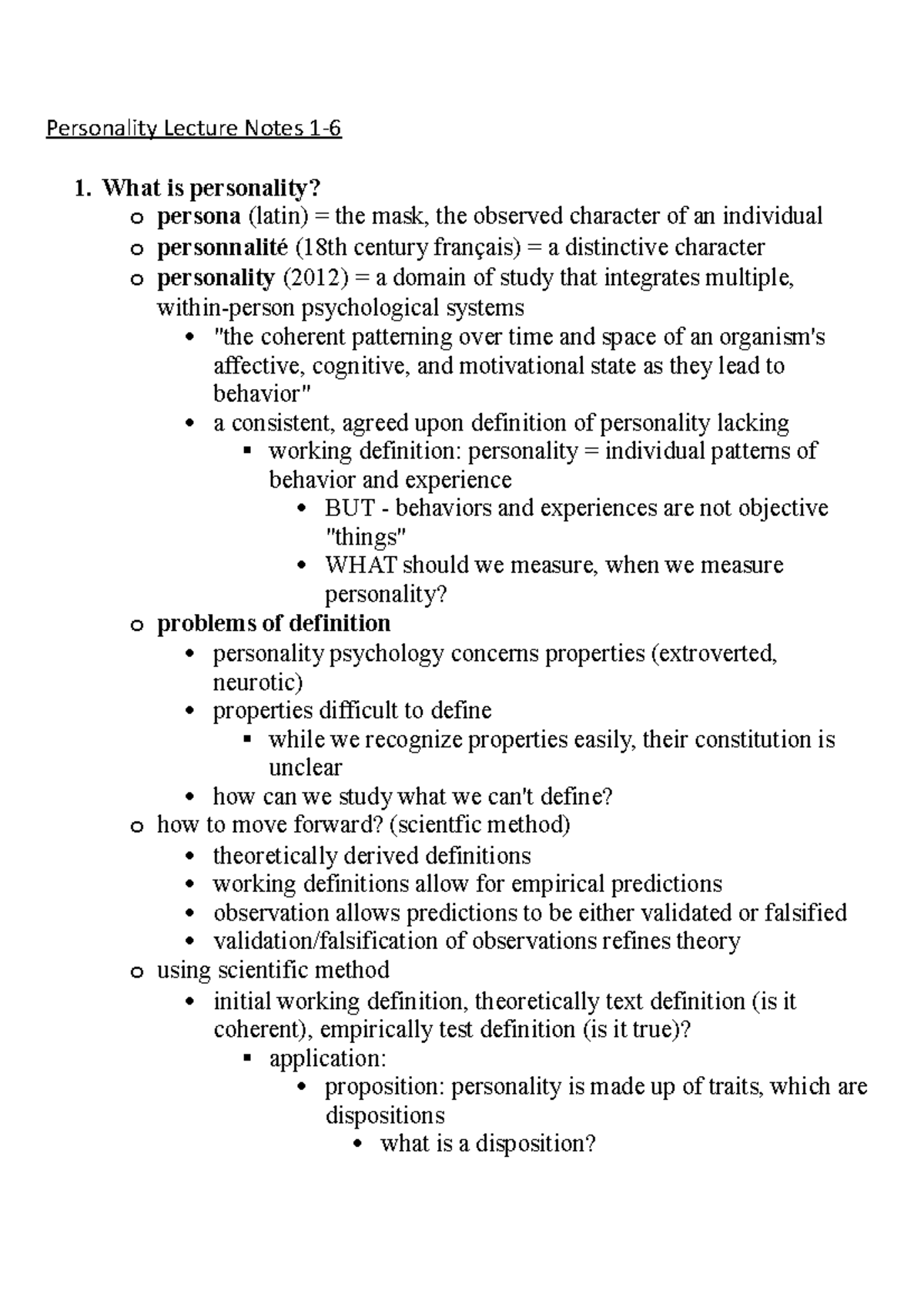 Personality PSYC1001 - Personality Lecture Notes 1- 1. What is ...