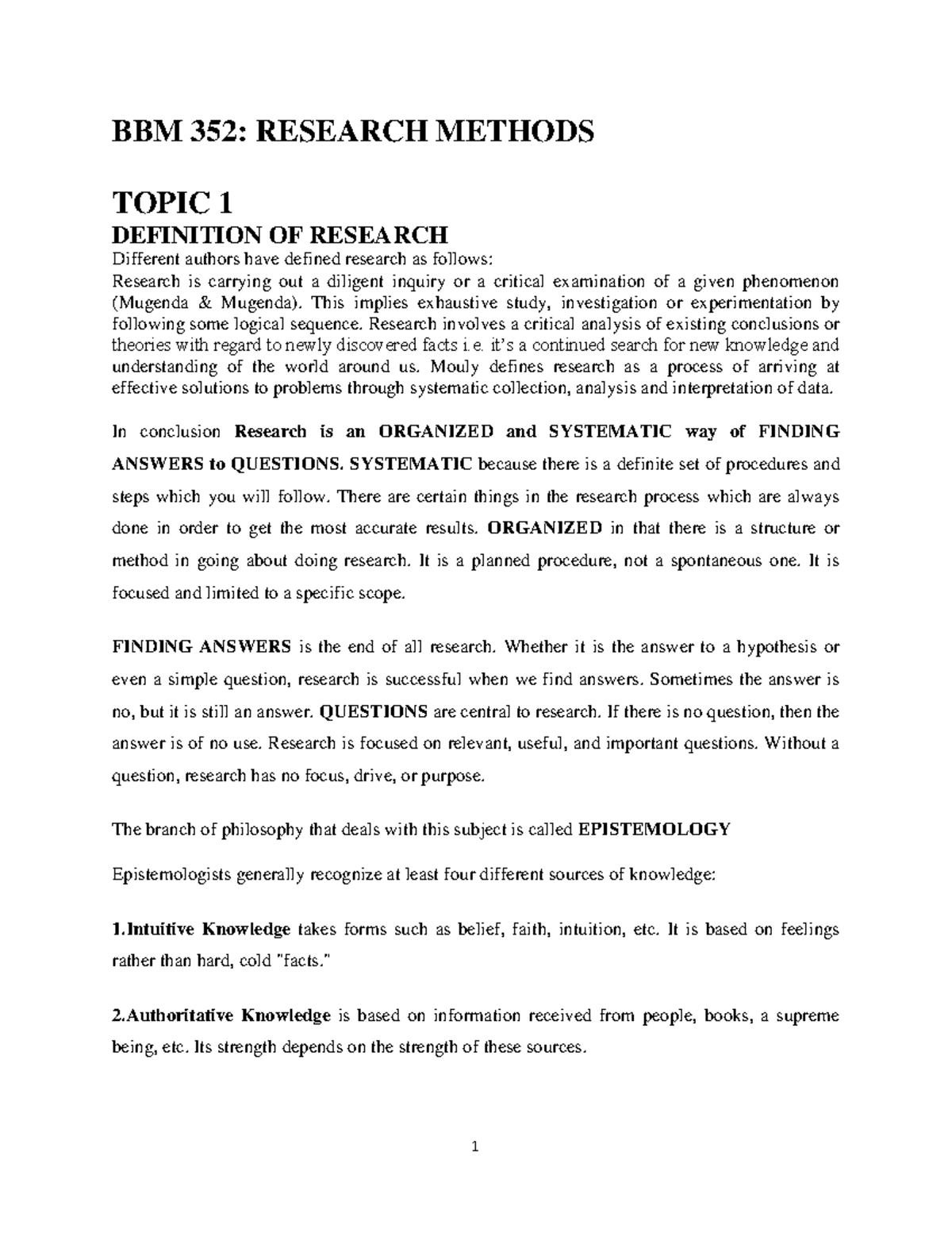 BBM 352 Notes Edited - BBM 352: RESEARCH METHODS TOPIC 1 DEFINITION OF ...