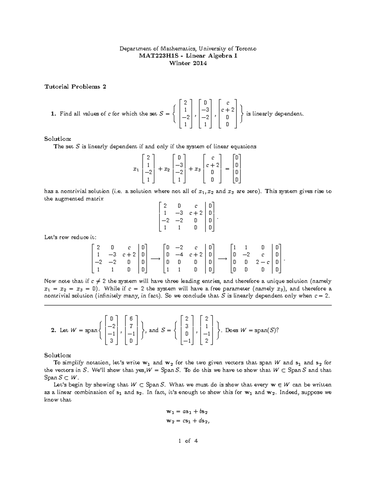 Mat223 Tutorial 2 Solutions - Department of Mathematics, University of Toronto MAT223H1S ...