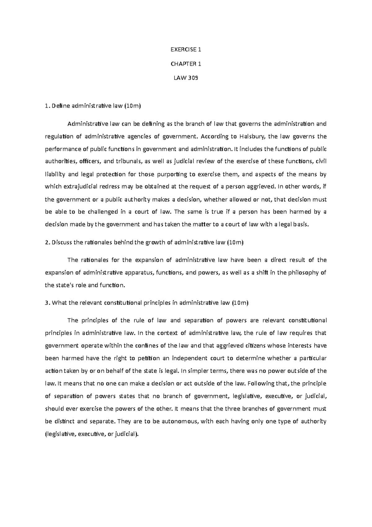 Exercise CHAPTER 1 LAW309 - EXERCISE 1 CHAPTER 1 LAW 309 Define ...