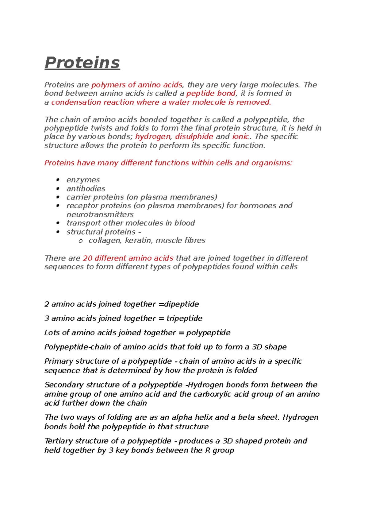 Proteins - bio notes - Proteins Proteins are polymers of amino acids ...