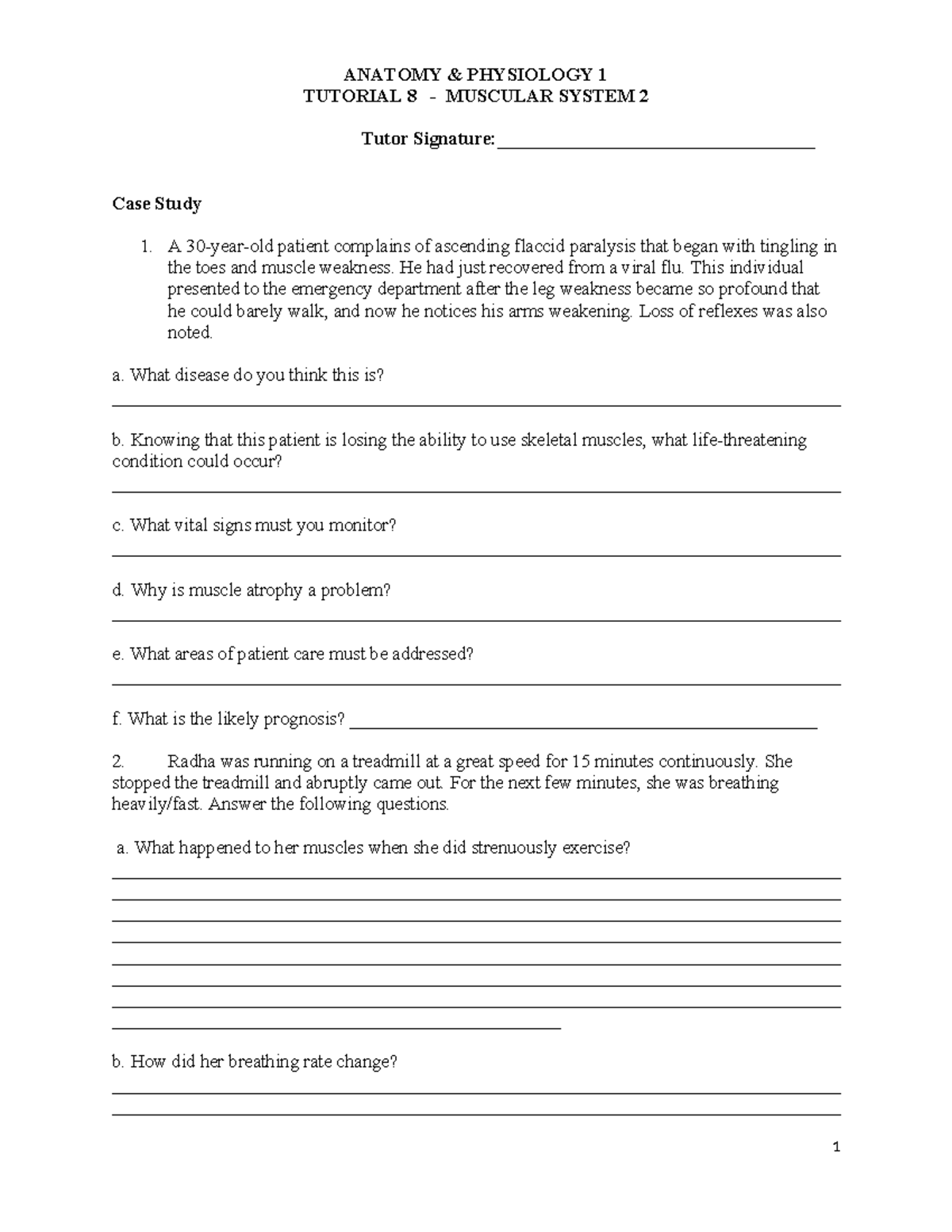 ANP 1001 Tutorial 8 Musclar System 2 - ANATOMY & PHYSIOLOGY 1 TUTORIAL ...