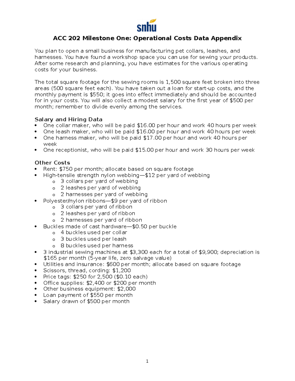 ACC 202 Milestone One Operational Costs Data Appendix - You have found ...