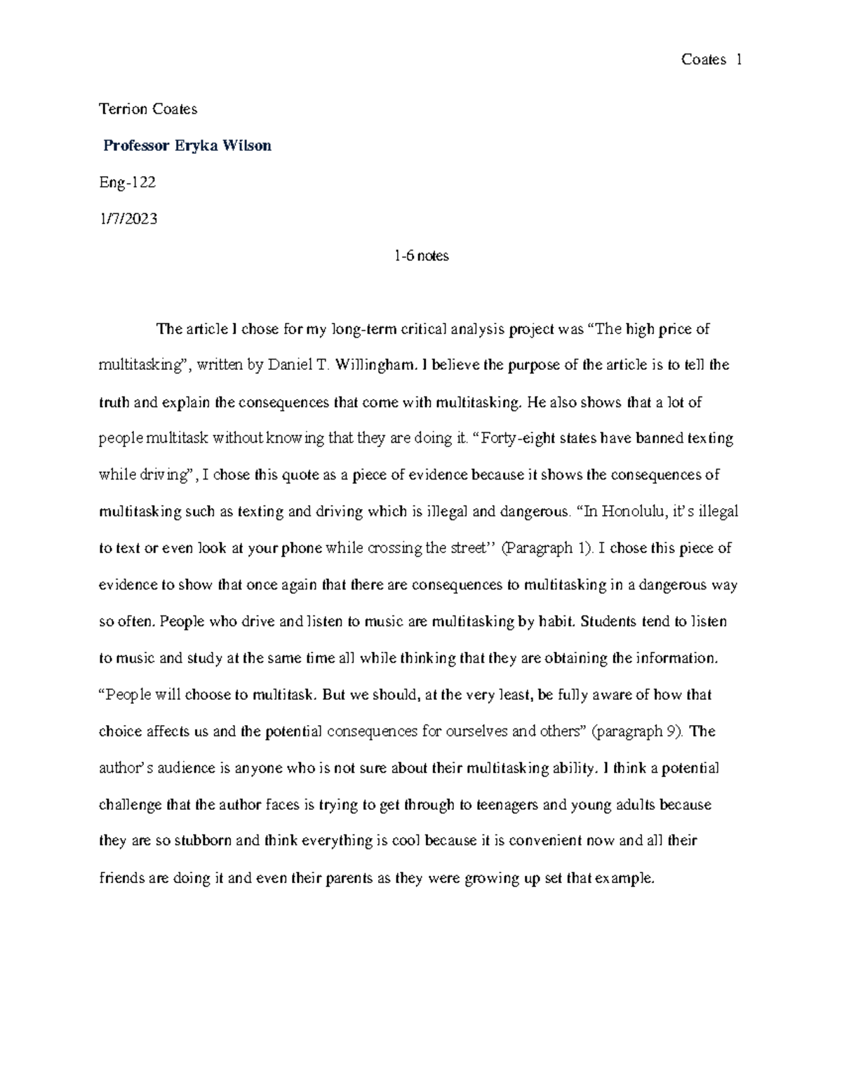 Document 1 - assignment - Coates 1 Terrion Coates Professor Eryka ...