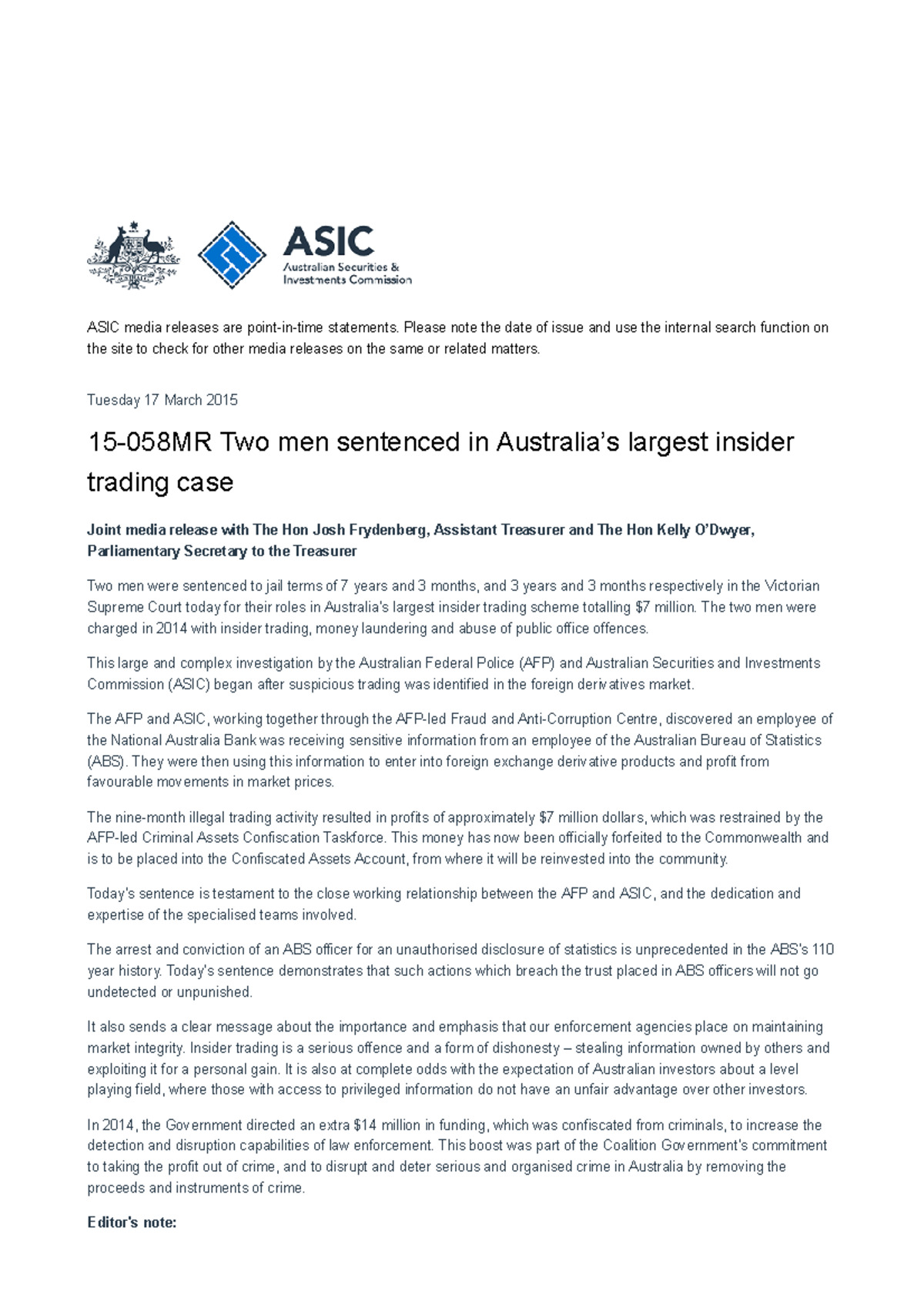 Insider TradingNotes - ASIC media releases are point-in-time statements ...