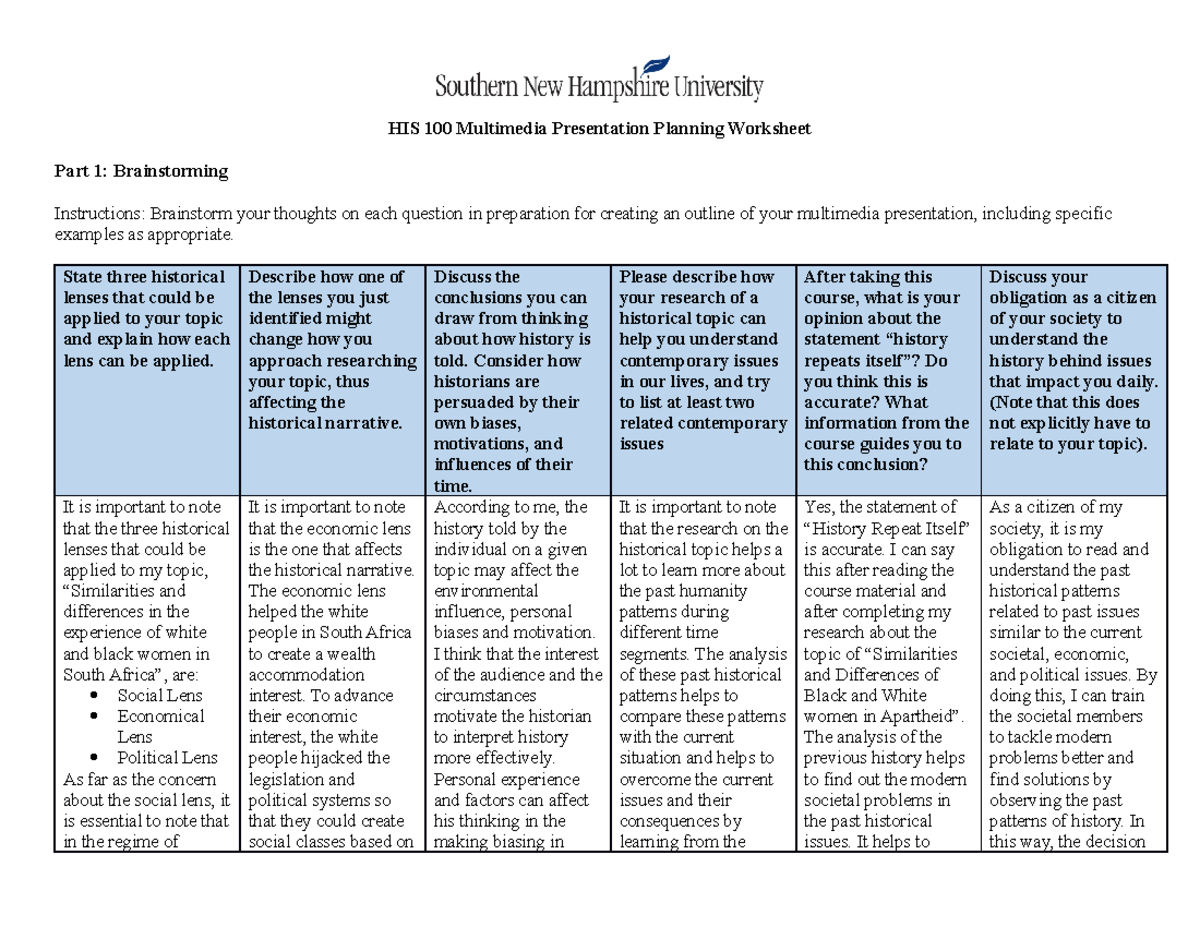 HIS 100 Multimedia Presentation Planning Worksheet-1 - HIS 100 ...