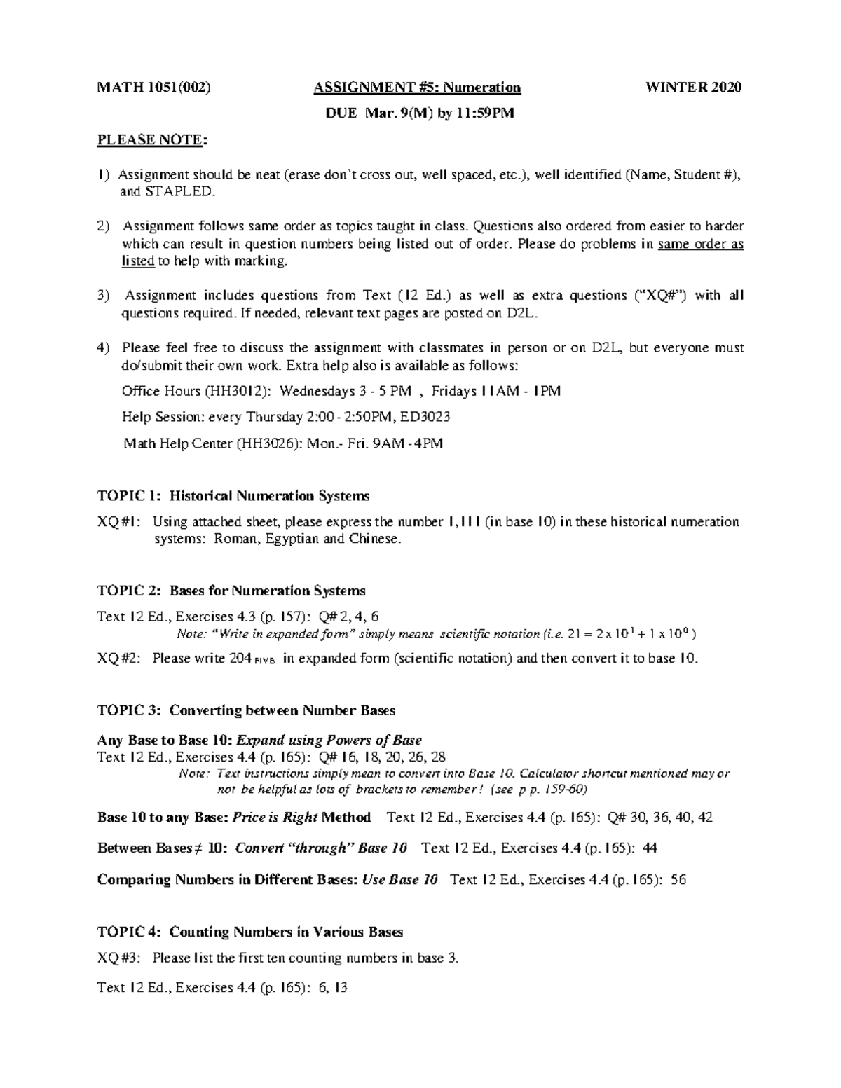 Assignment Five Numeration I Math 1051 MATH 1051 002 ASSIGNMENT 5