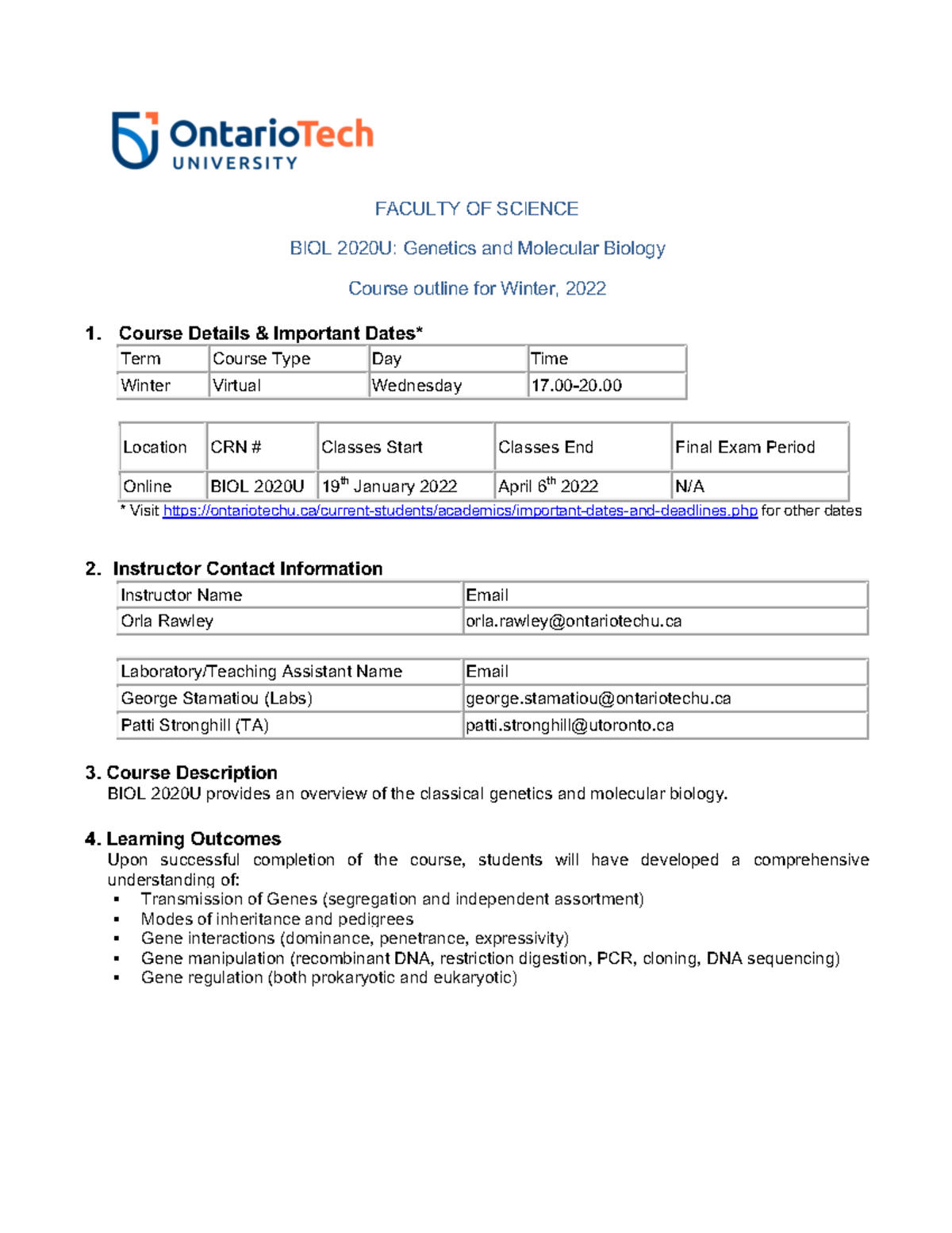 BIOL2020 Course Outline Winter 2022 - FACULTY OF SCIENCE BIOL 2020U: Genetics and Molecular ...