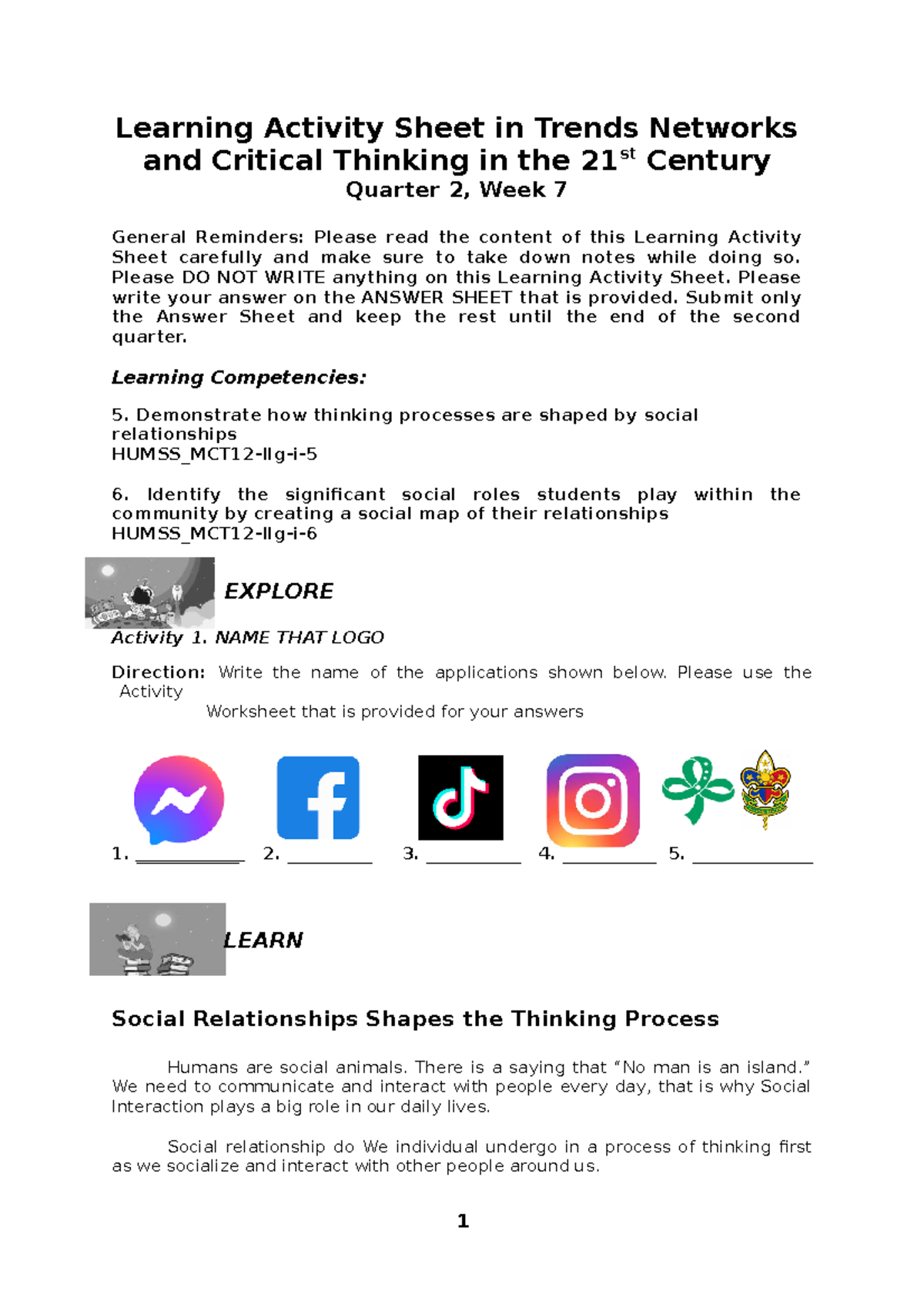 Week 7 Trends Sy - Support - Learning Activity Sheet in Trends Networks and Critical Thinking in ...