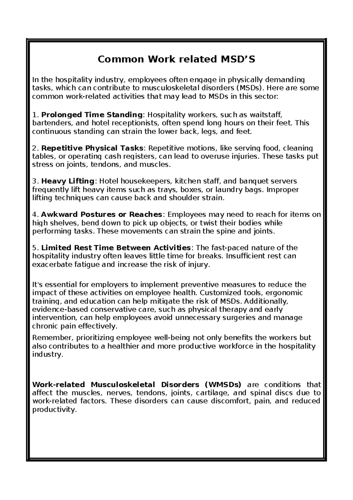 Ergonomics Module 2 - Common Work related MSD’S In the hospitality ...