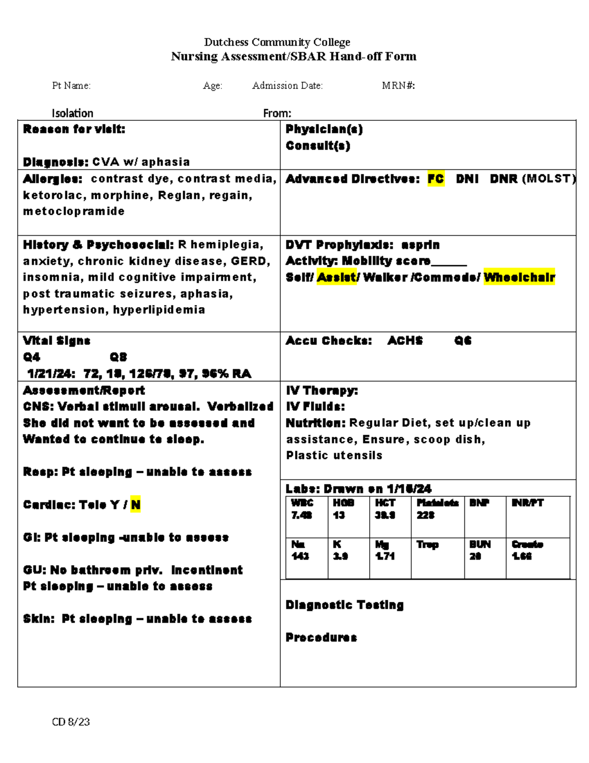 SBAR - Form to fill out - Dutchess Community College Nursing Assessment ...