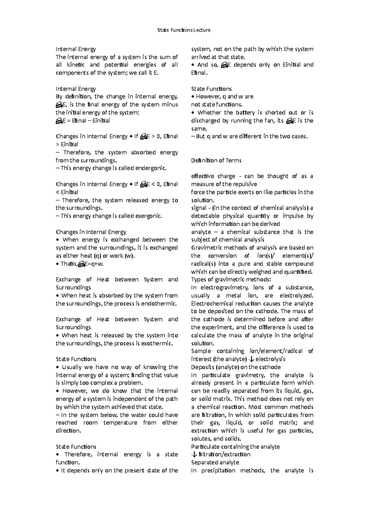 State Functions Lecture - State Functions Lecture Internal Energy The ...