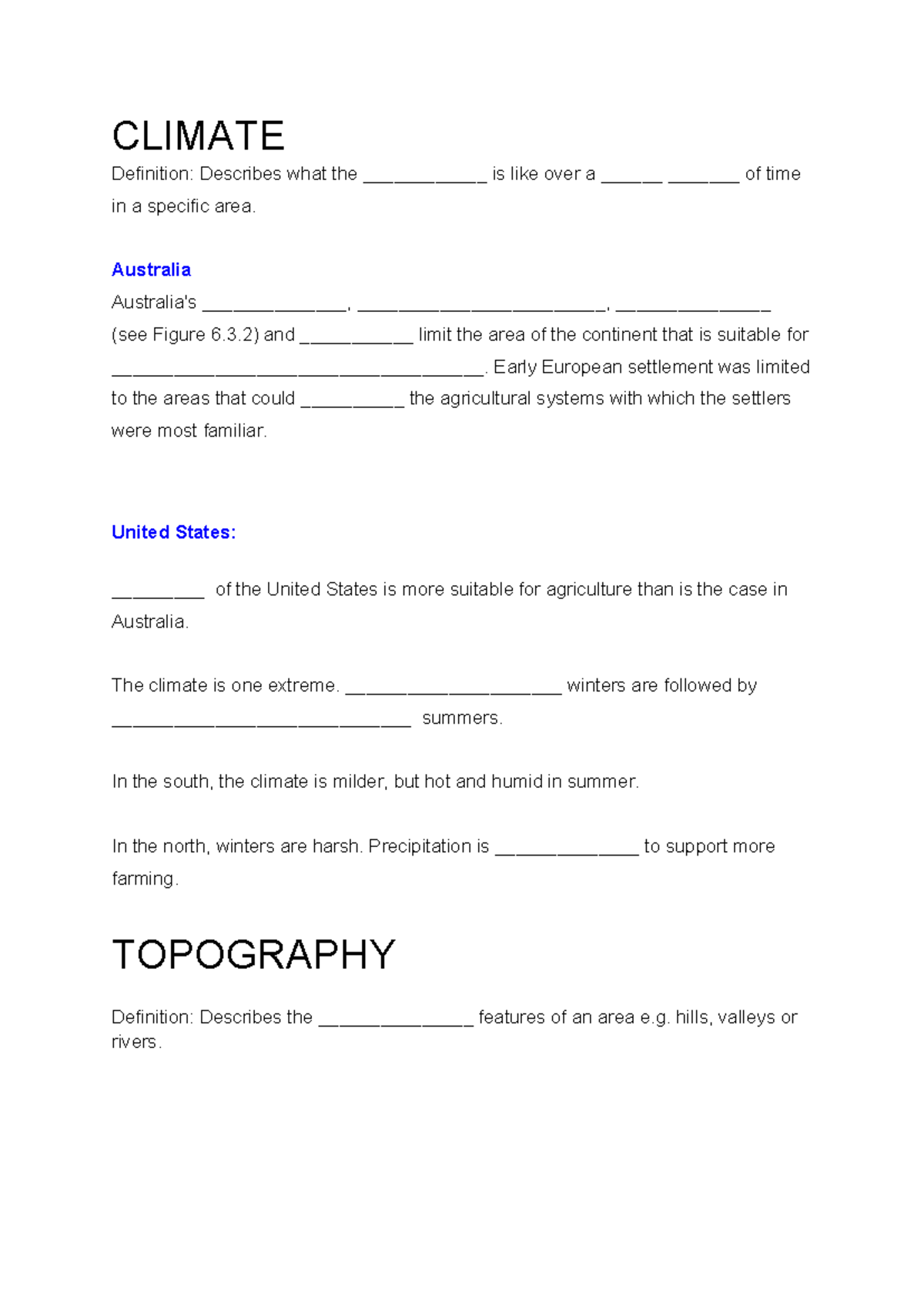 9GEO - Factors Climate and Topography Worksheet - CLIMATE Definition ...