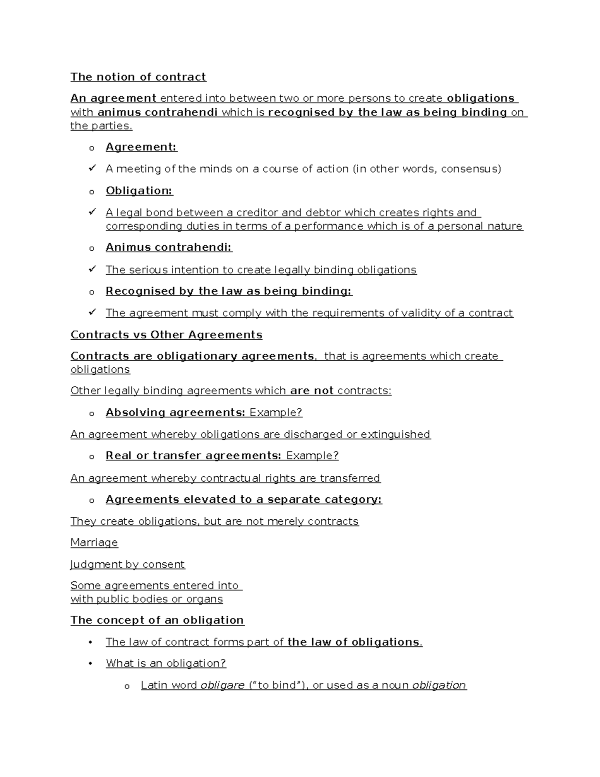 The notion of contract - Study Unit 2 - The notion of contract An ...