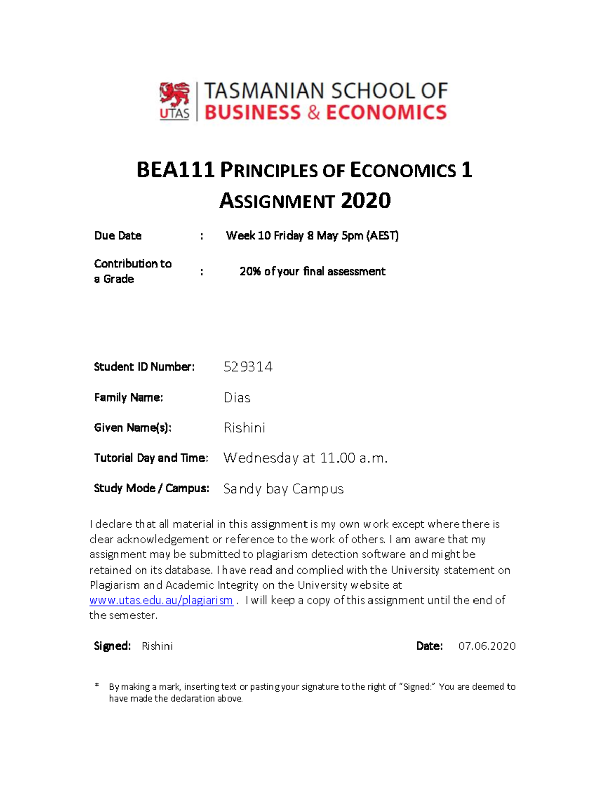 BEA 111 Assignment 529314 Economics and markets - BEA111 PRINCIPLES OF ...