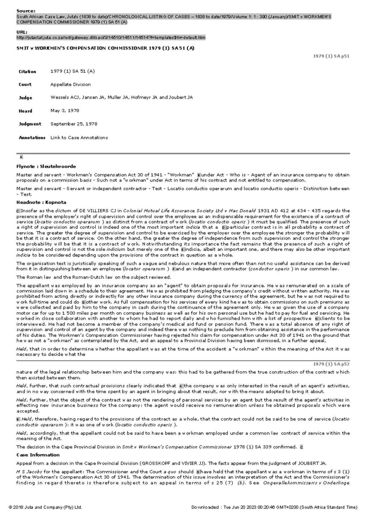 SMIT v Workmen S Compensation Commissioner 1979 (1) SA 51 (A) - Source ...