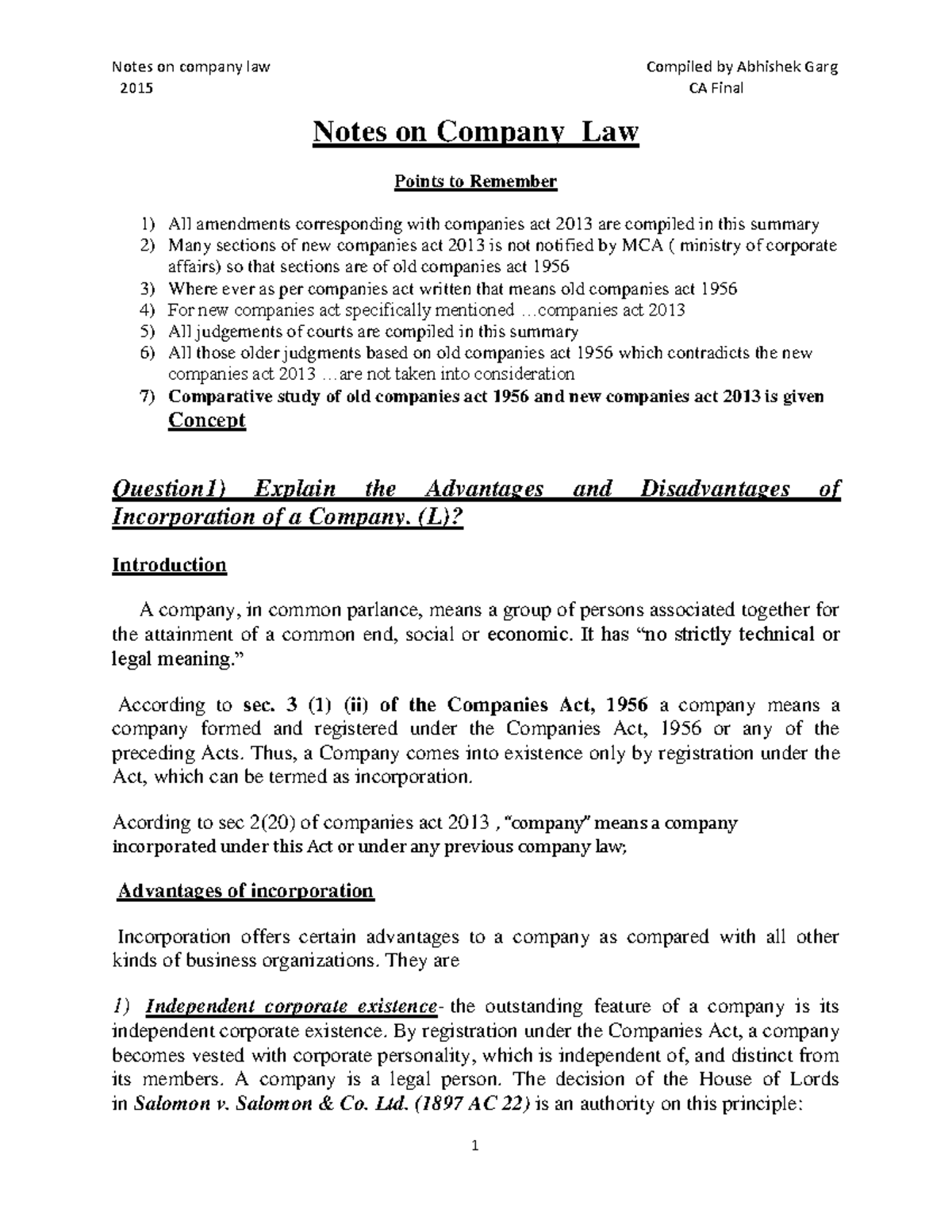 4. Notes on company law - 2015 CA Final Notes on Company Law Points to ...