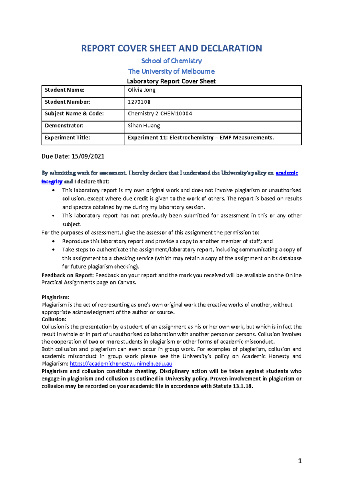 E11 V2 10004 2021 Student Report Template - CHEM10004 - Unimelb - Studocu
