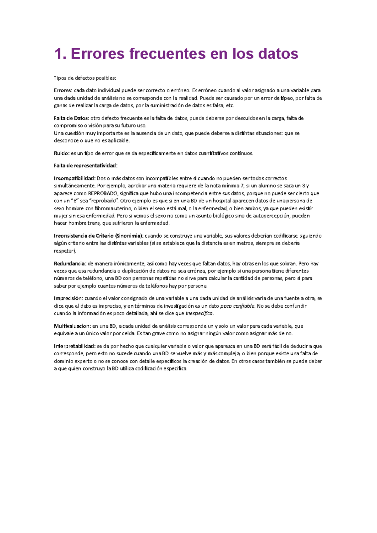 3 - Resumen Modulo 3 Tema 3 - 1. Errores frecuentes en los datos Tipos ...
