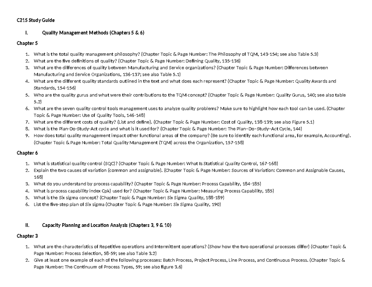 C215 Study Guide - I. Quality Management Methods (Chapters 5 & 6 ...
