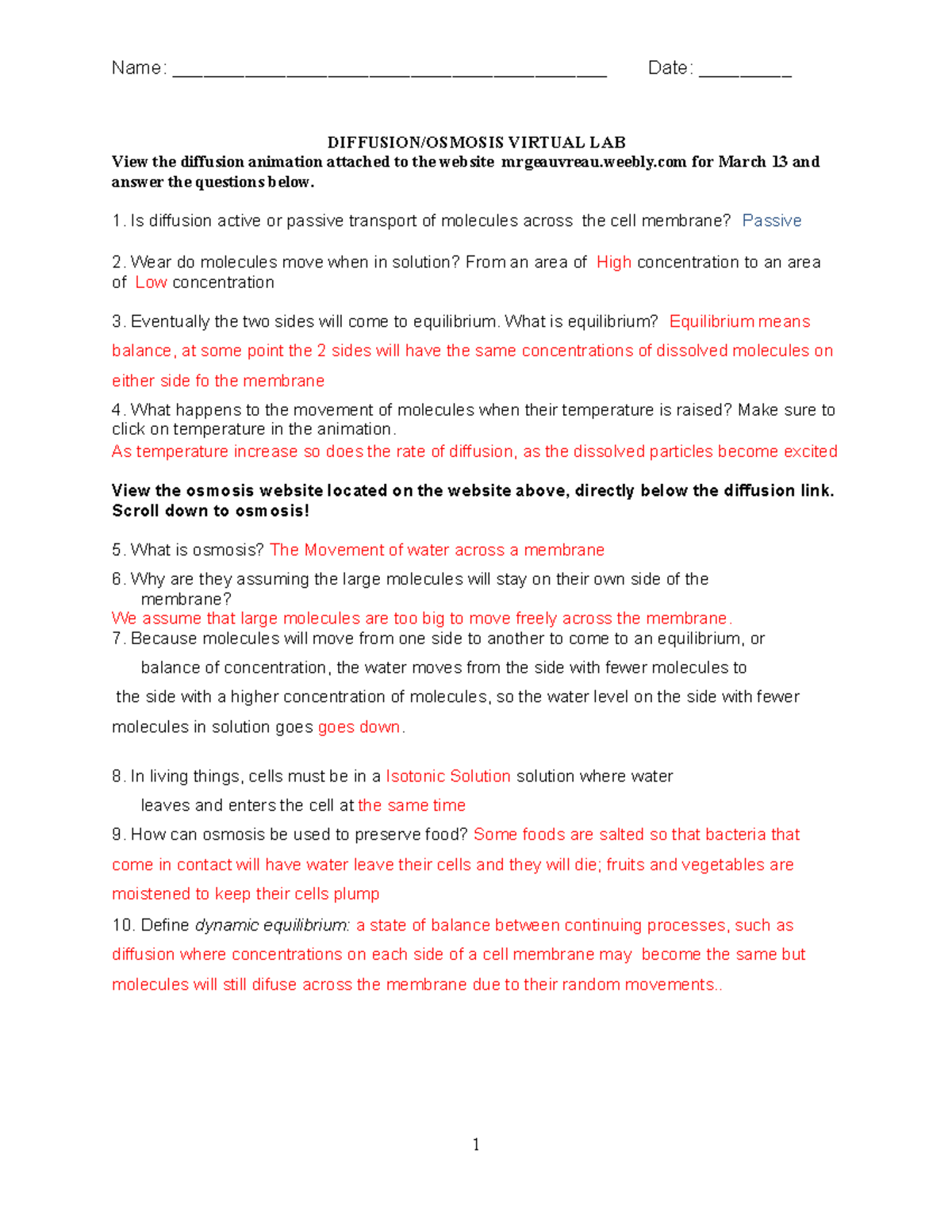 Osmosis and diffusion virtual worksheet answers - Name