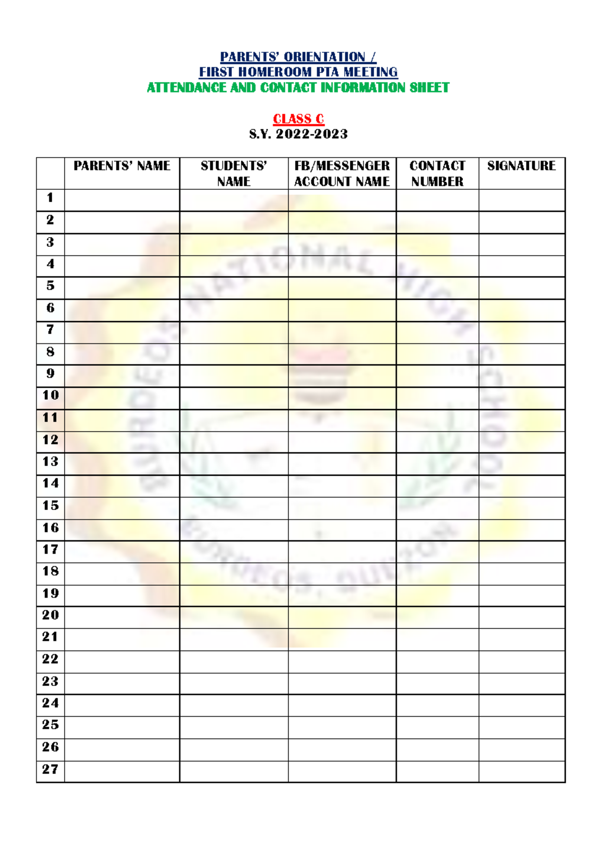 First Hrpta Meeting DOCS - PARENTS’ ORIENTATION / FIRST HOMEROOM PTA ...