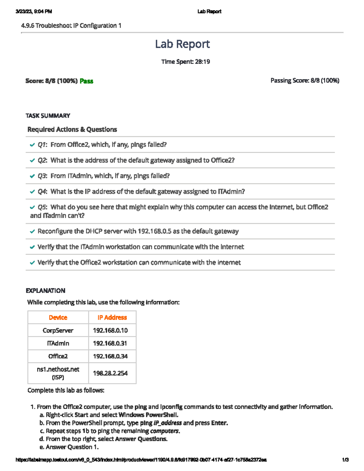 4.9.6 Troubleshoot IP Configuration 1 - 9:04 PM Lab Report 4.9 Troubleshoot IP Configuration 1 ...