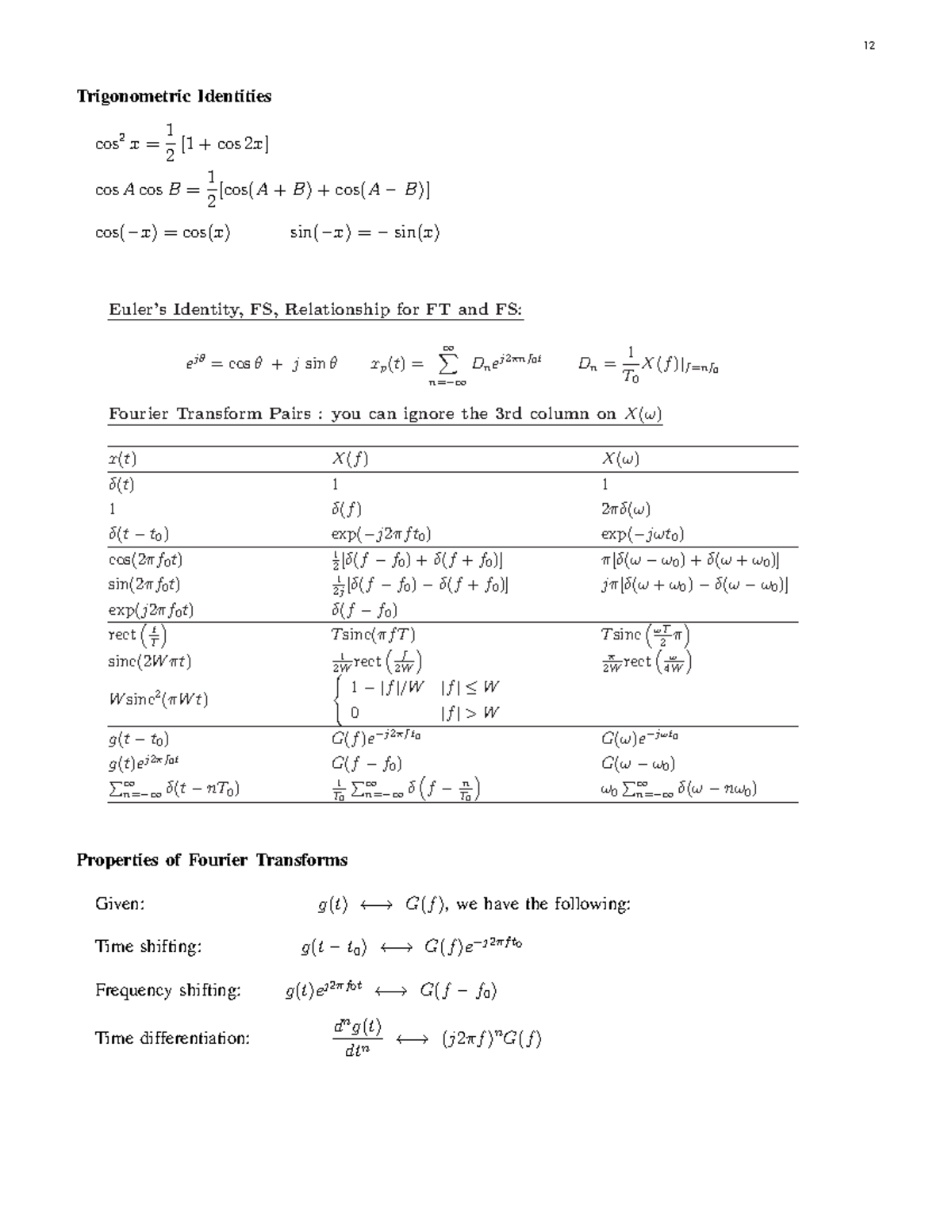 Formulas - 12 Trigonometric Identities cos 2 x = 1 2 [1 + cos 2 x] cos ...