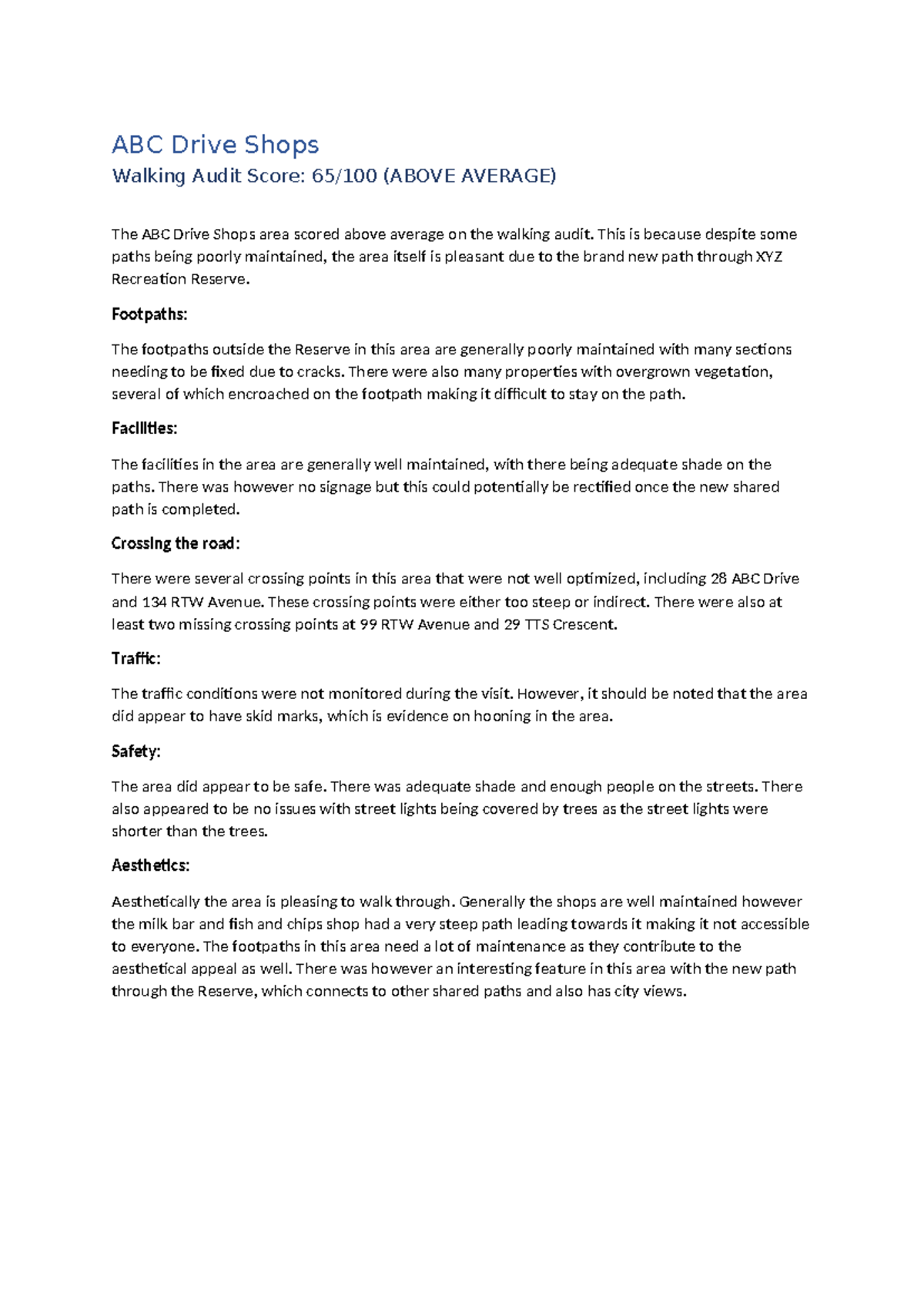 Walking audit example - ABC Drive Shops Walking Audit Score: 65/100 ...