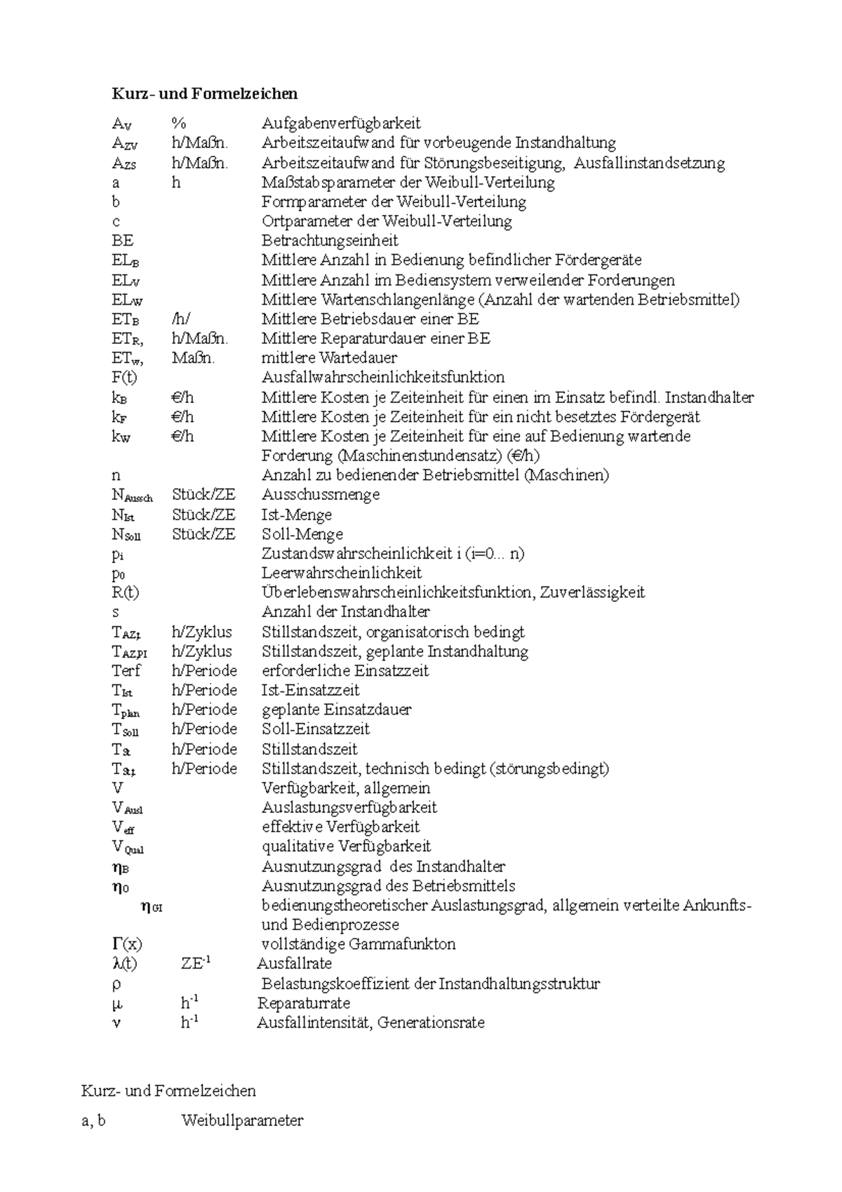 Formelzeichen - Sommersemester - Kurz- und Formelzeichen AV ...