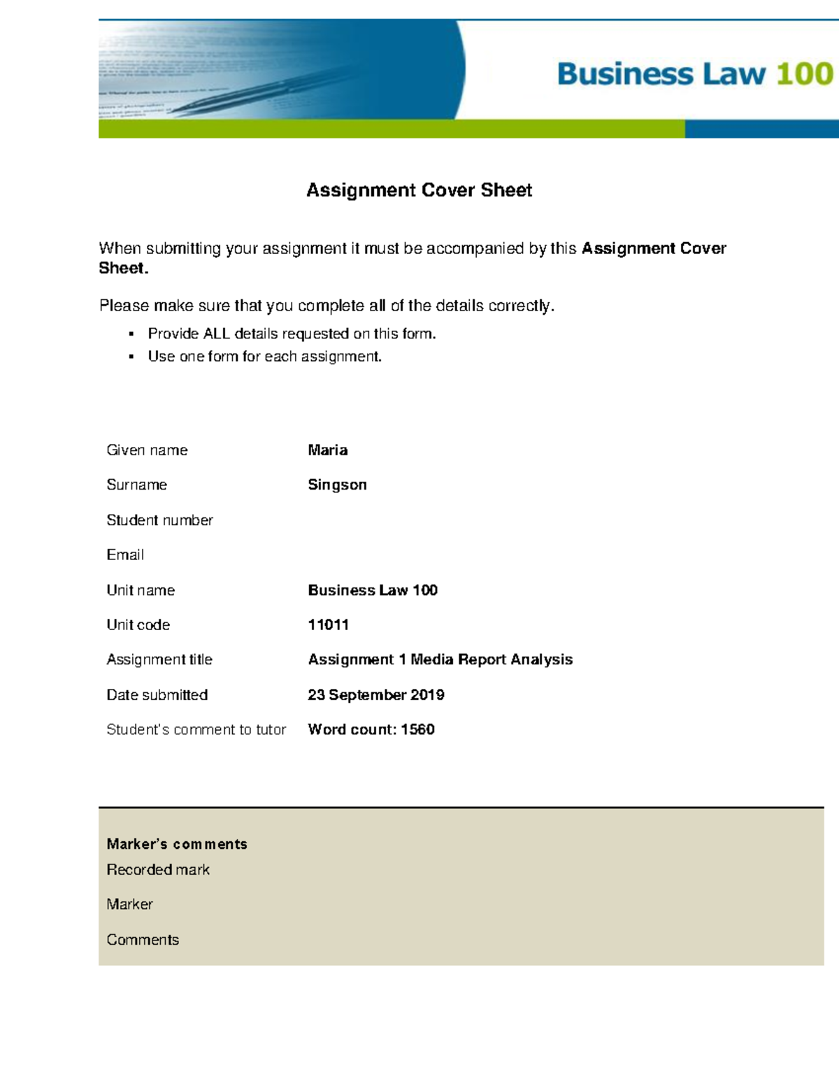 Business Law-Media Analysis - Assignment Cover Sheet When submitting ...