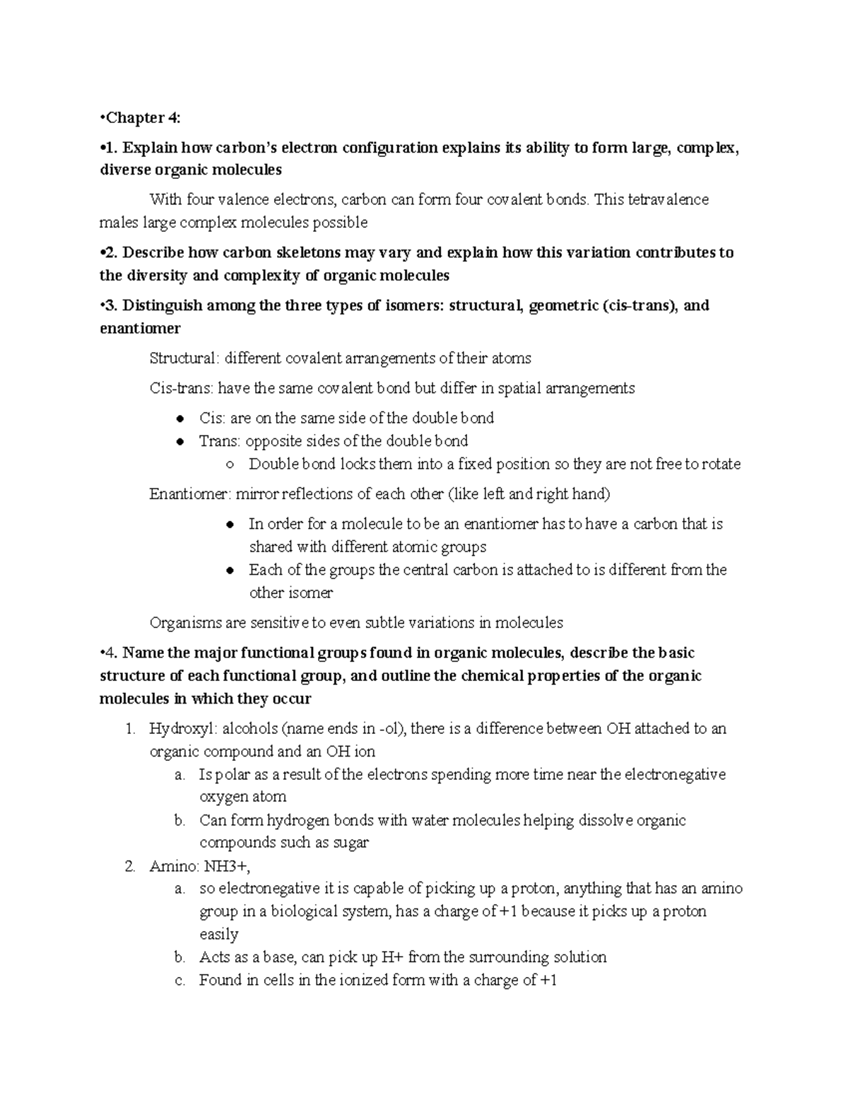 Chapter 4: BioChem - Chapter 4: •1. Explain how carbon’s electron ...